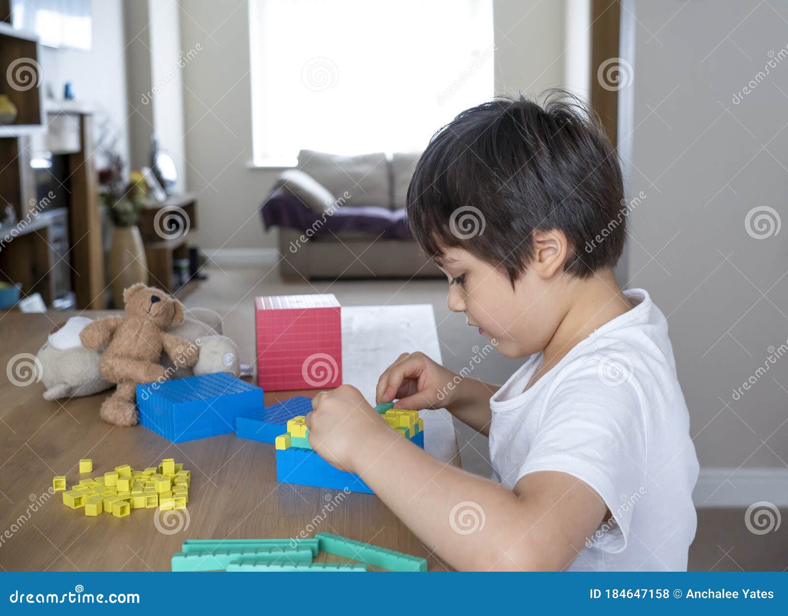 School Kid Using Plastic Block Counting Number, Child Boy Studying Math ...