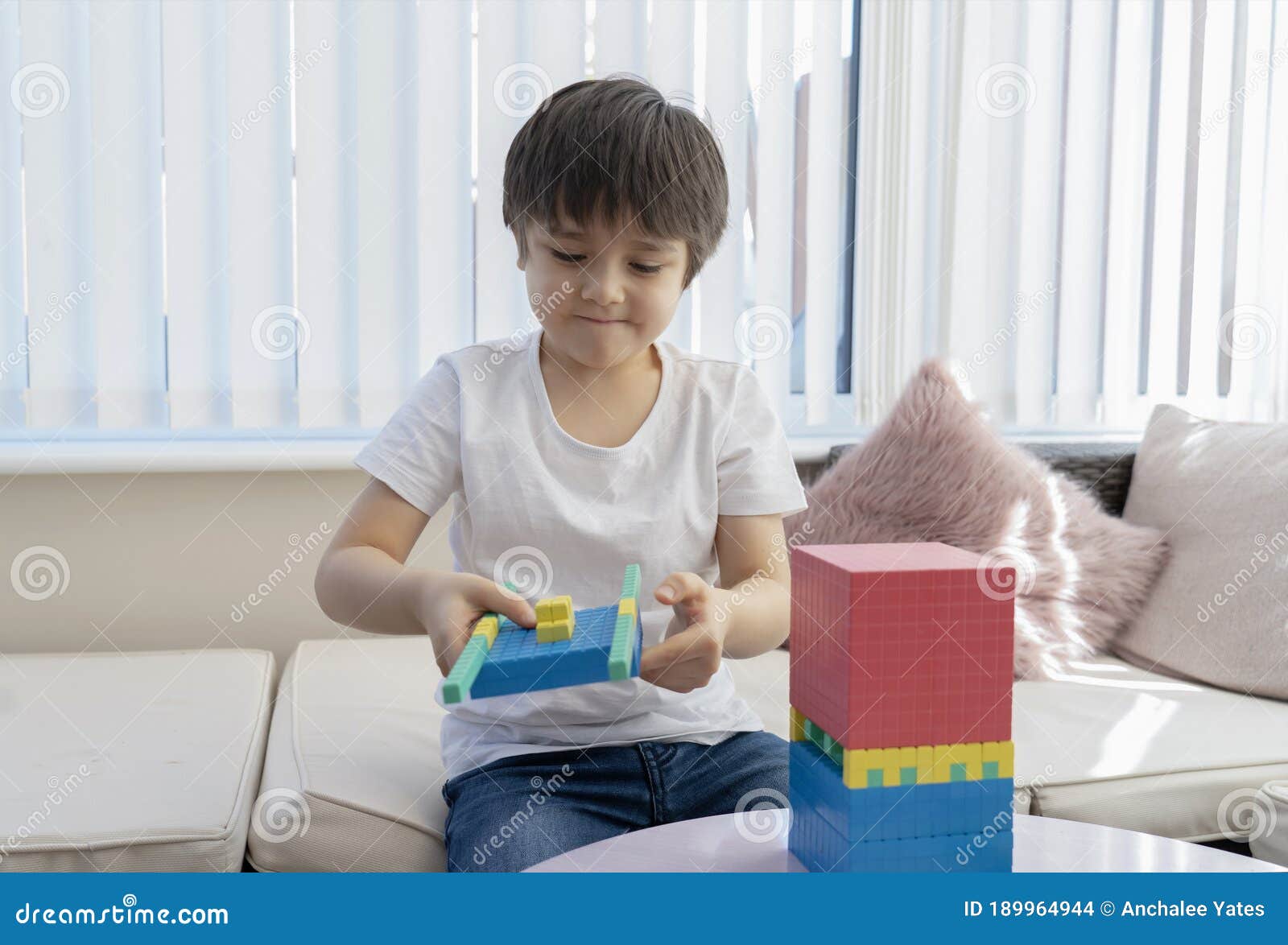 School Kid Using Plastic Block Counting Number,Child Boy Studying Math ...