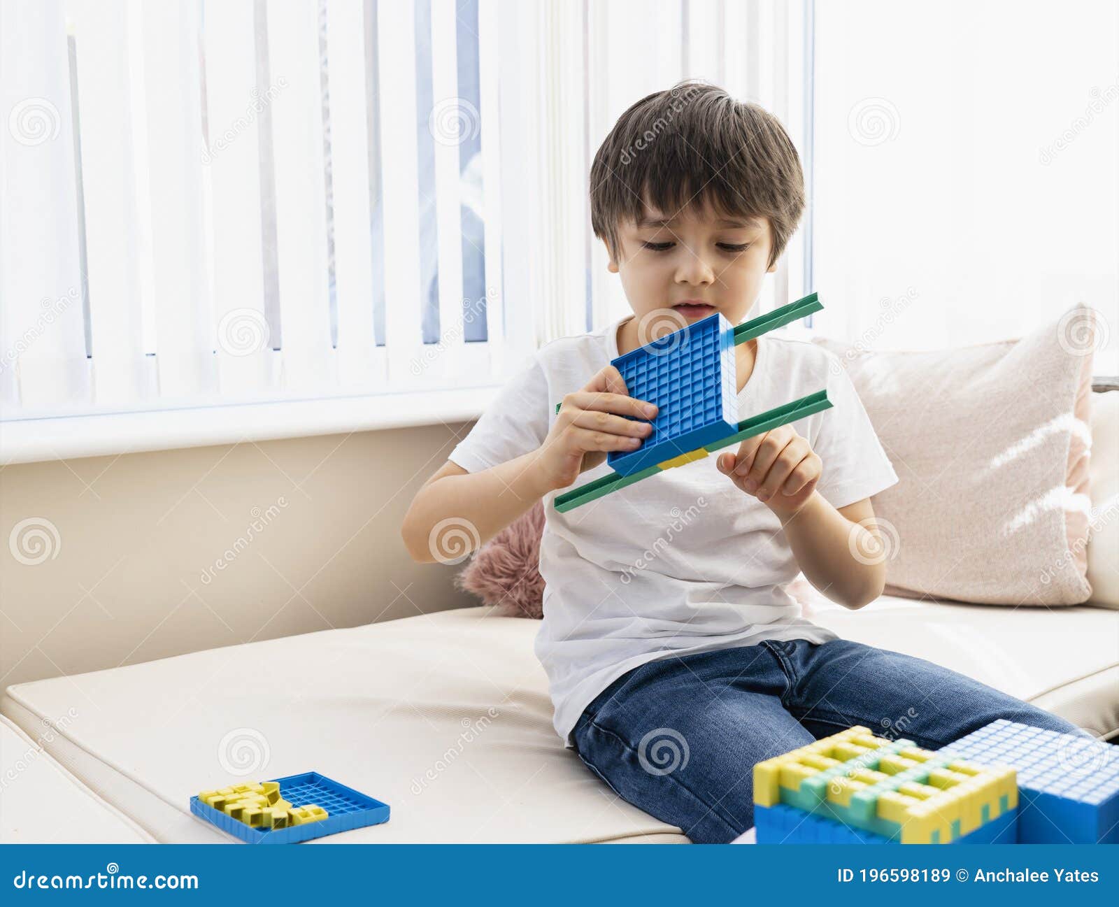 School Kid Using Plastic Block Counting Number,Child Boy Studying Math ...