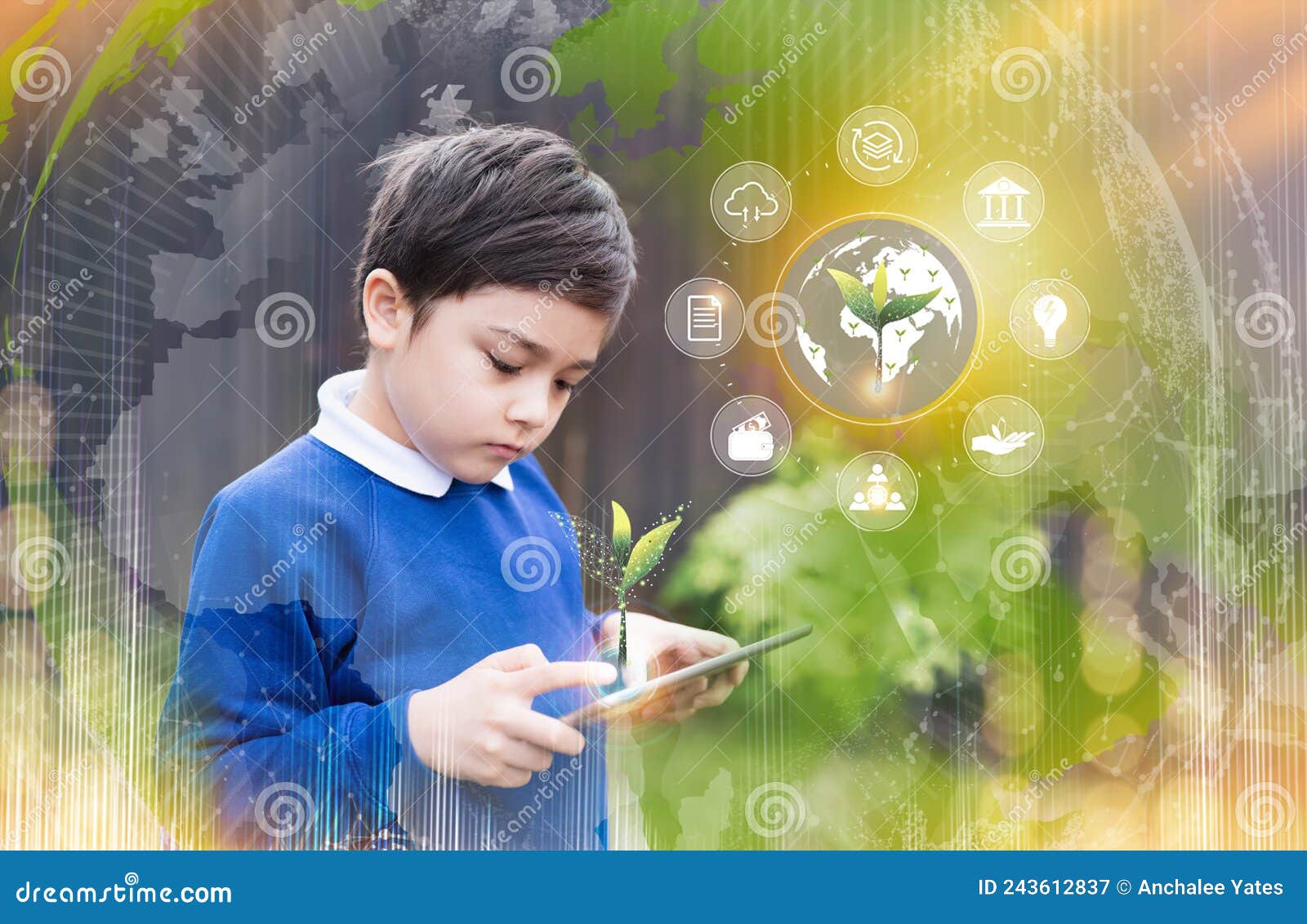 School Kid Using Tablet Research on Internet about World Population ...