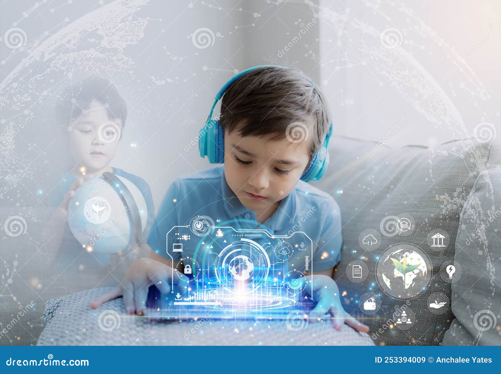 School Kid Using Tablet Research on Internet about World Population ...