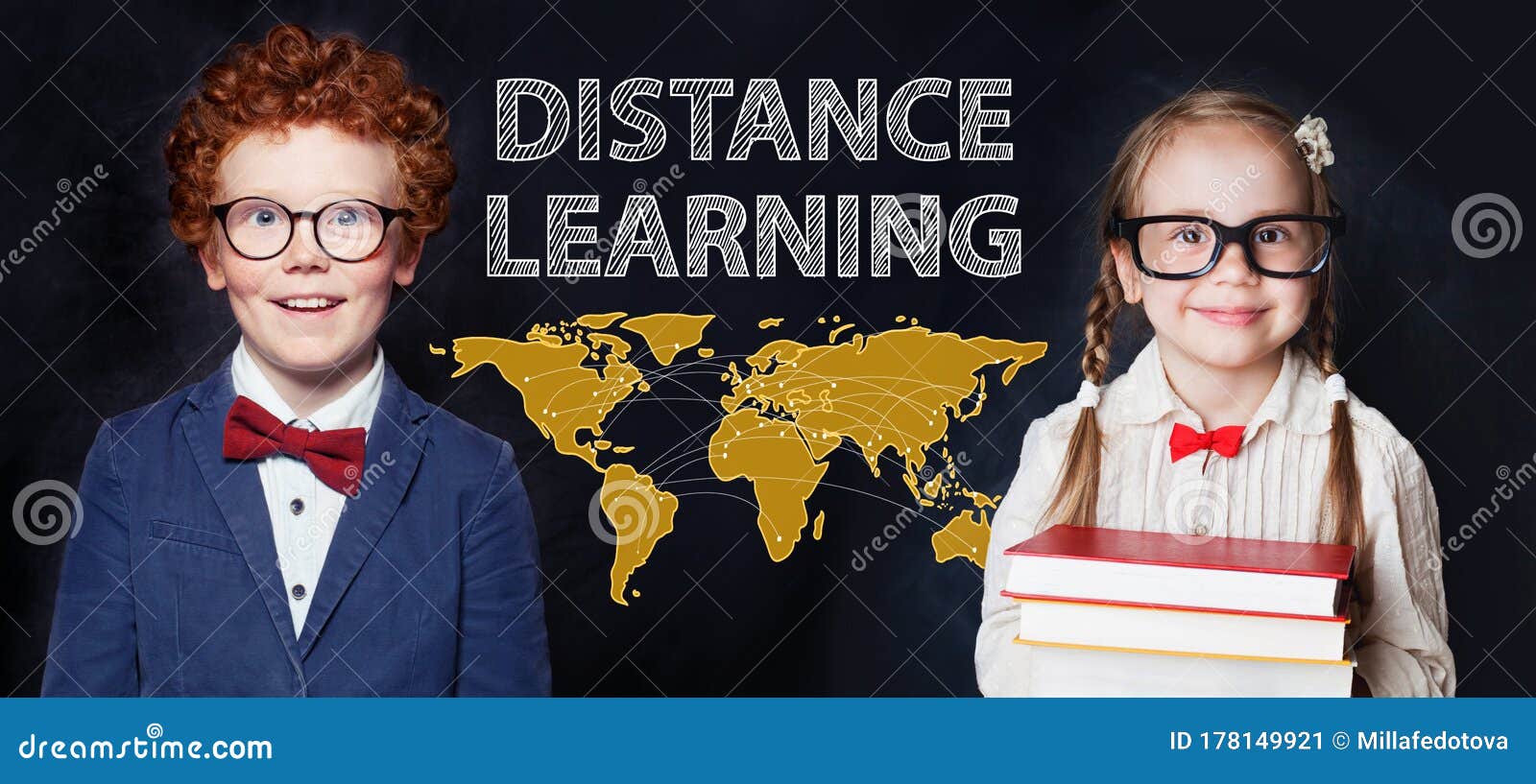 School Kids and Distance Education Concept on Blackboard Background ...