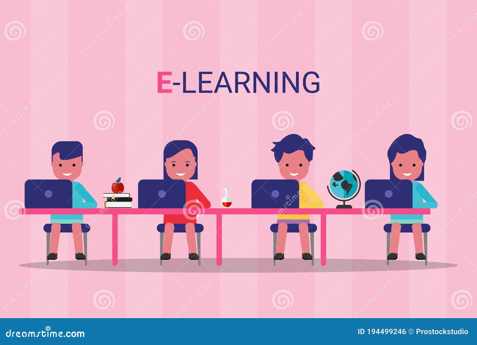 School Kids at Laptops Learning Online Sitting Over Pink Background ...