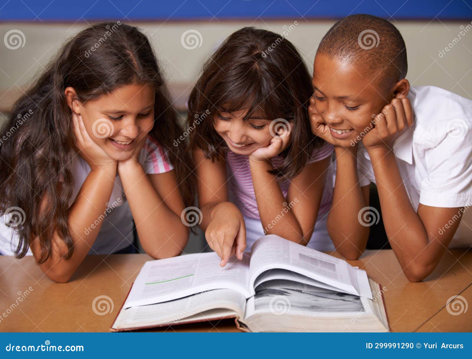 School Kids, Reading and Happy in Classroom with Book, Pointing and ...