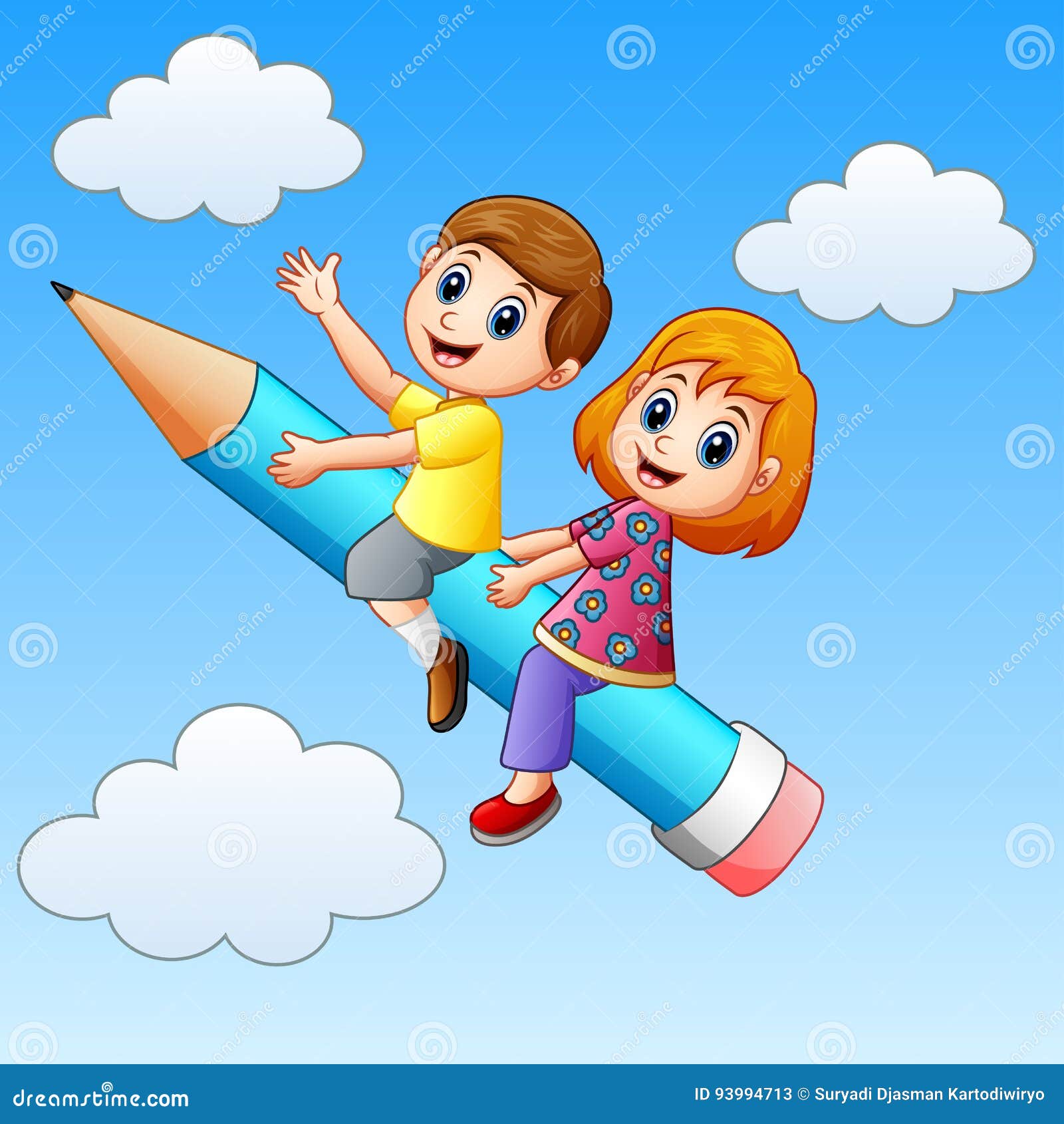 School Kids Riding a Pencil Stock Vector - Illustration of grade ...