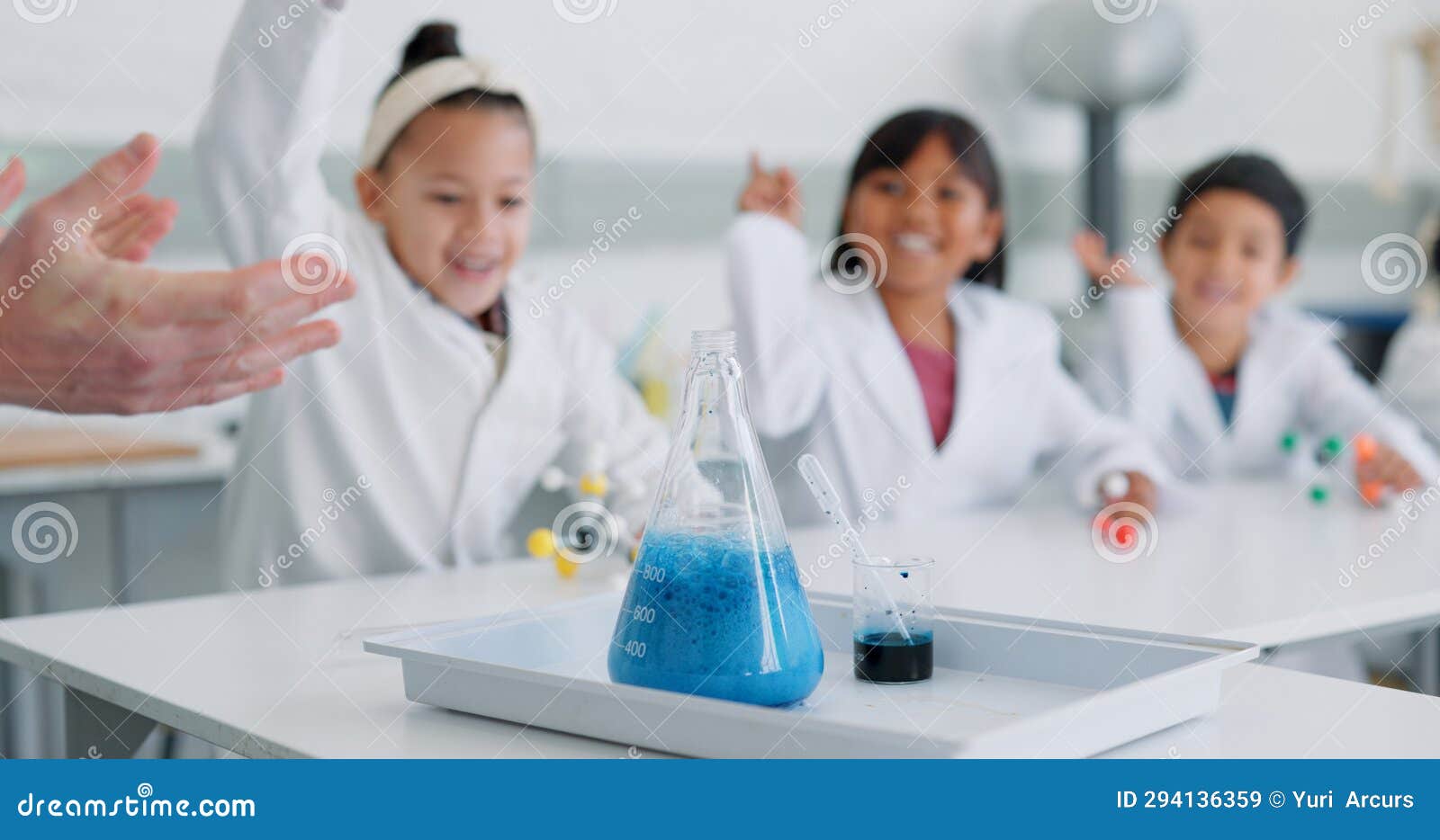 School Kids, Science and Raised Hand in Class for Learning, Question ...