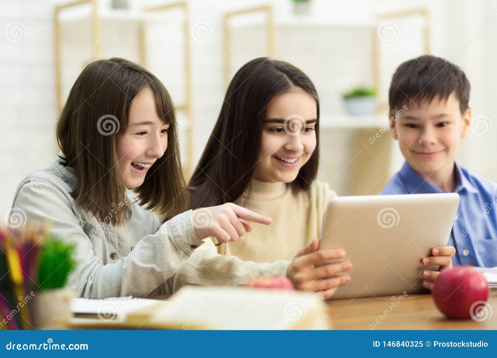 School Kids with Tablet Computer Having Fun on Break Stock Image ...