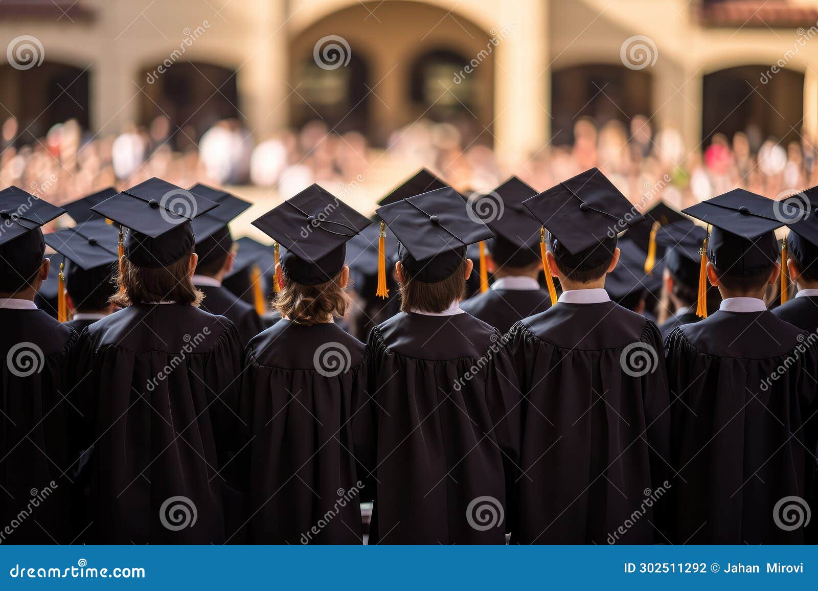 School Kids on Their Graduation Program, Rear View, a Group of Students ...