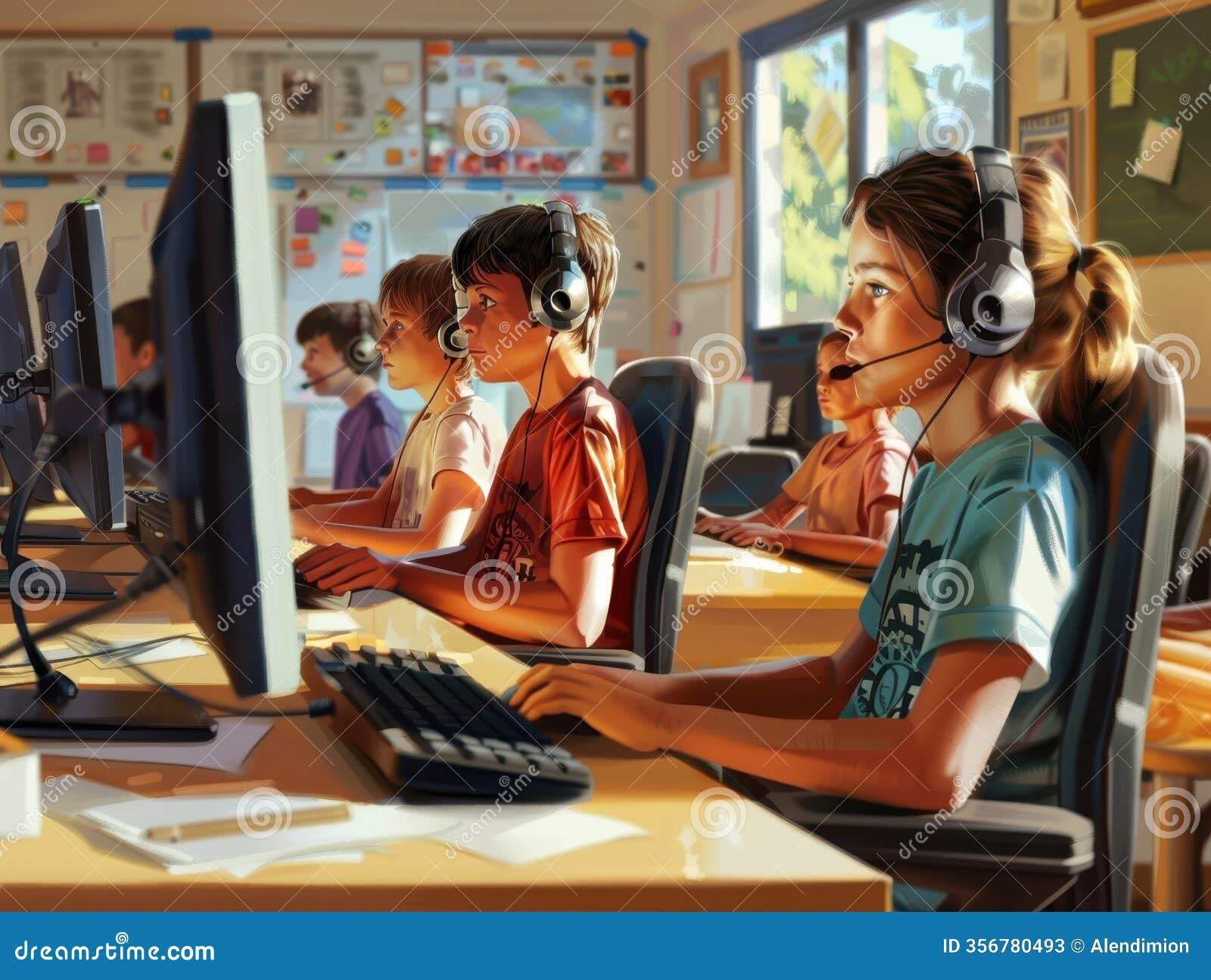 School Kids Using Computer in Classroom at Elementary School Stock ...