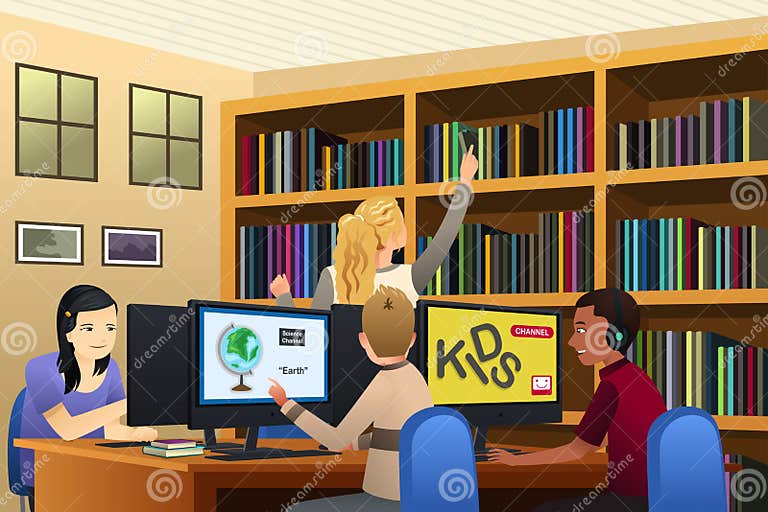 School Kids Using Computers in the Library Stock Vector - Illustration ...