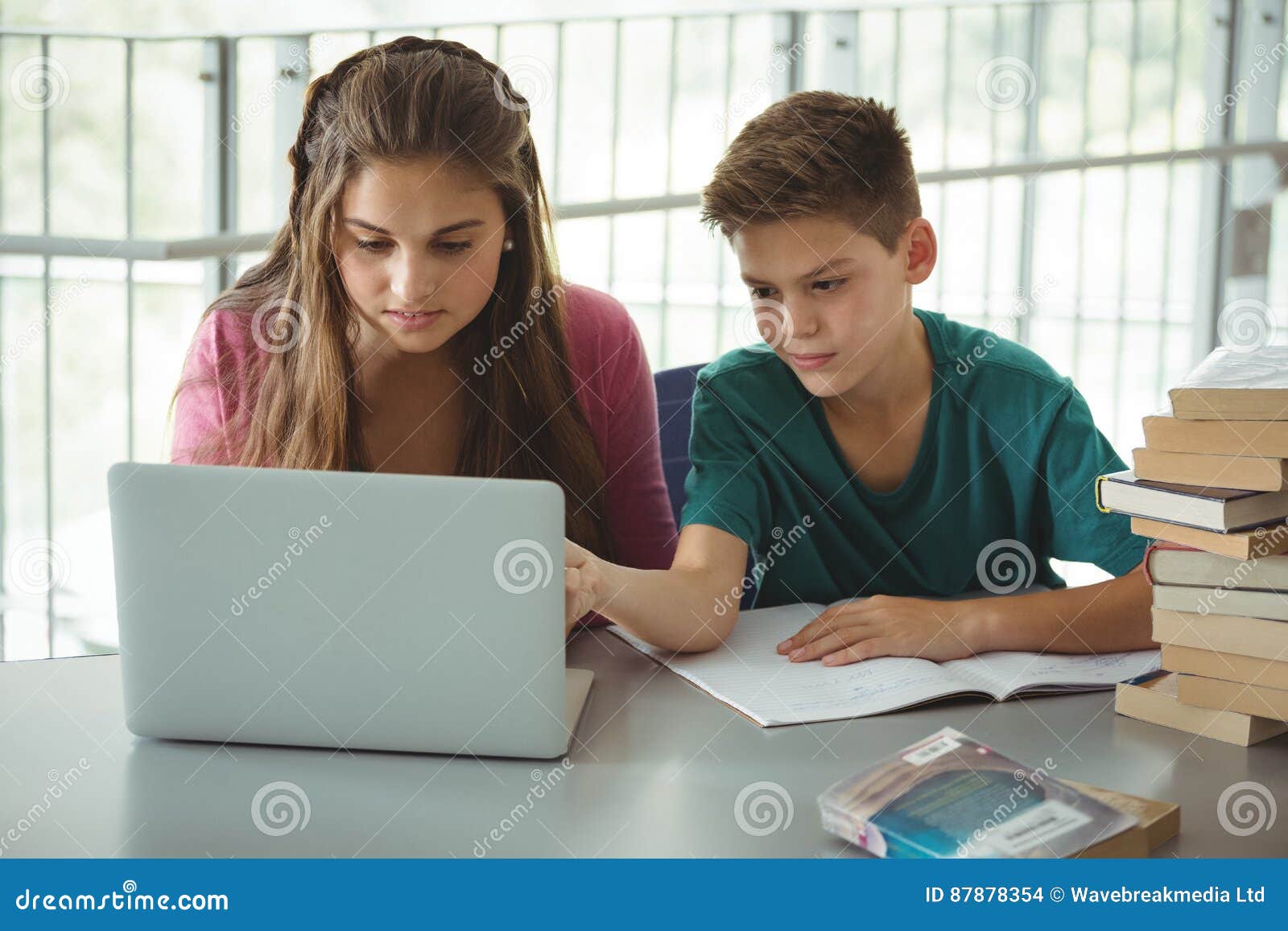 School Kids Using Laptop in Library Stock Photo - Image of electronic ...