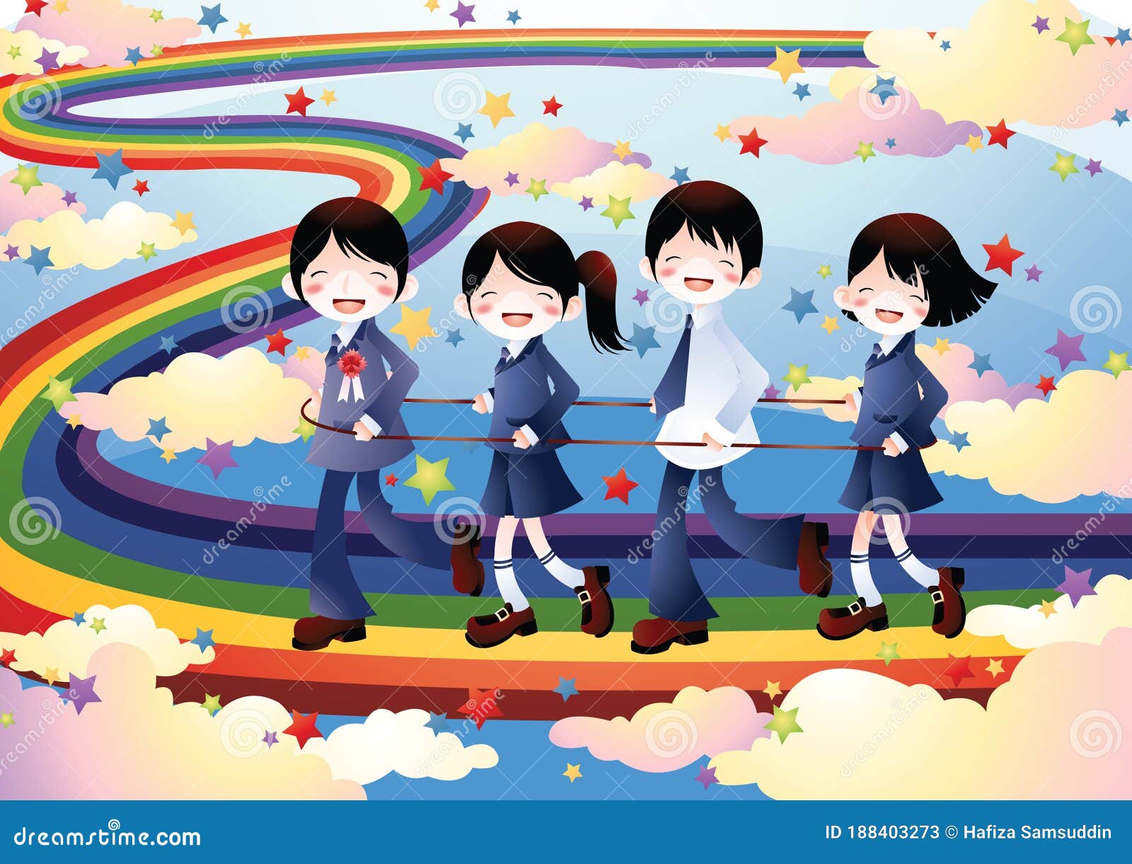 School Kids Walking on a Rainbow Path. Vector Illustration Decorative ...