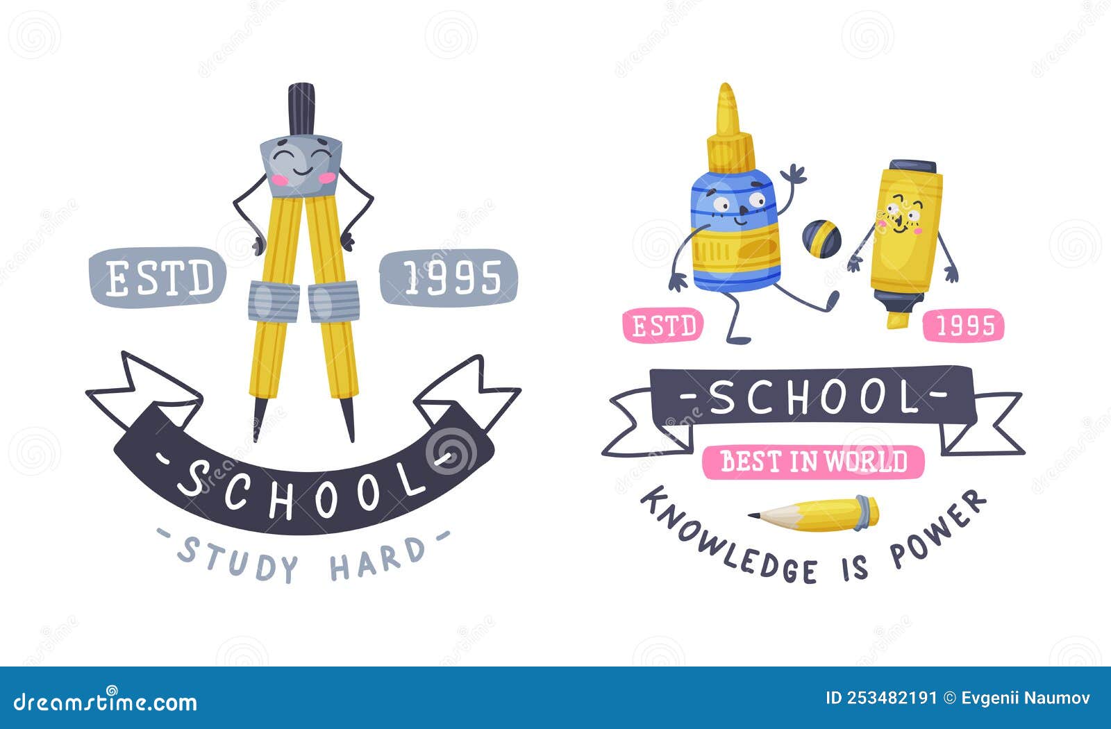 School, Knowledge in Power Labels Set. Banner, Flyer, Brochure Design ...