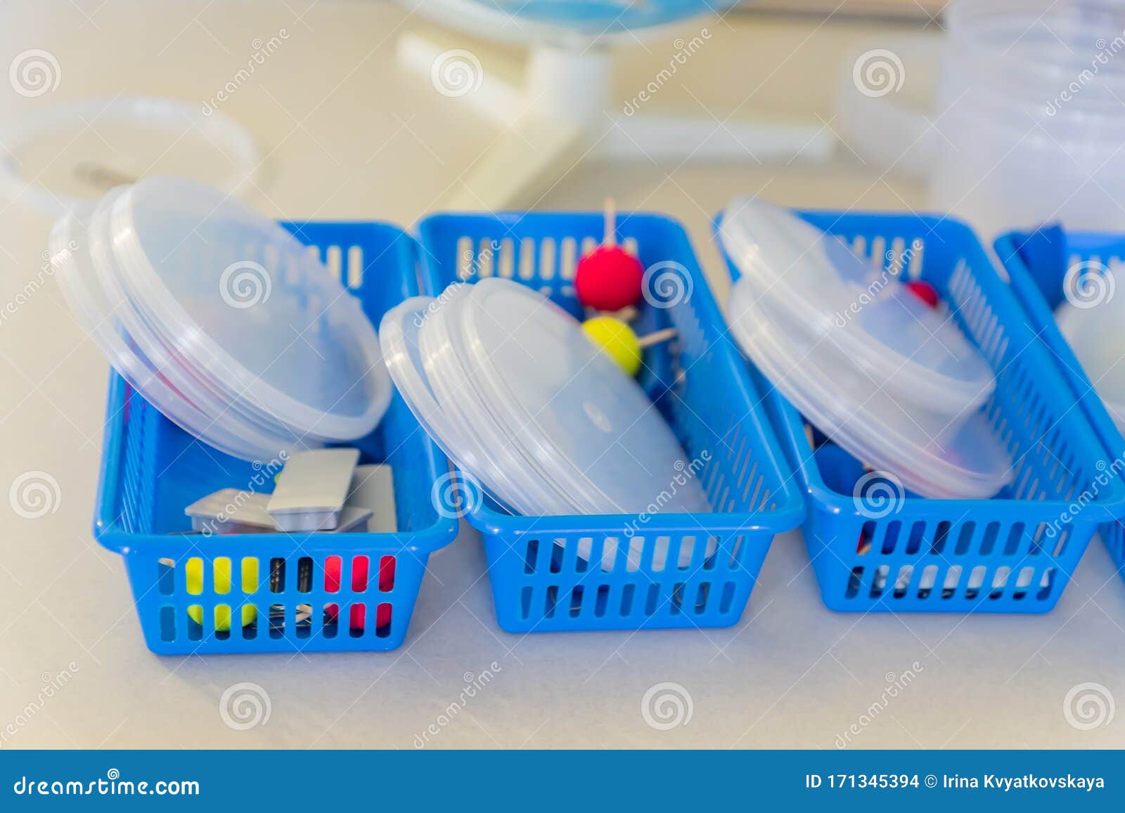School Laboratory Stuff in a Blue Plastic Containers. Study of Natural ...