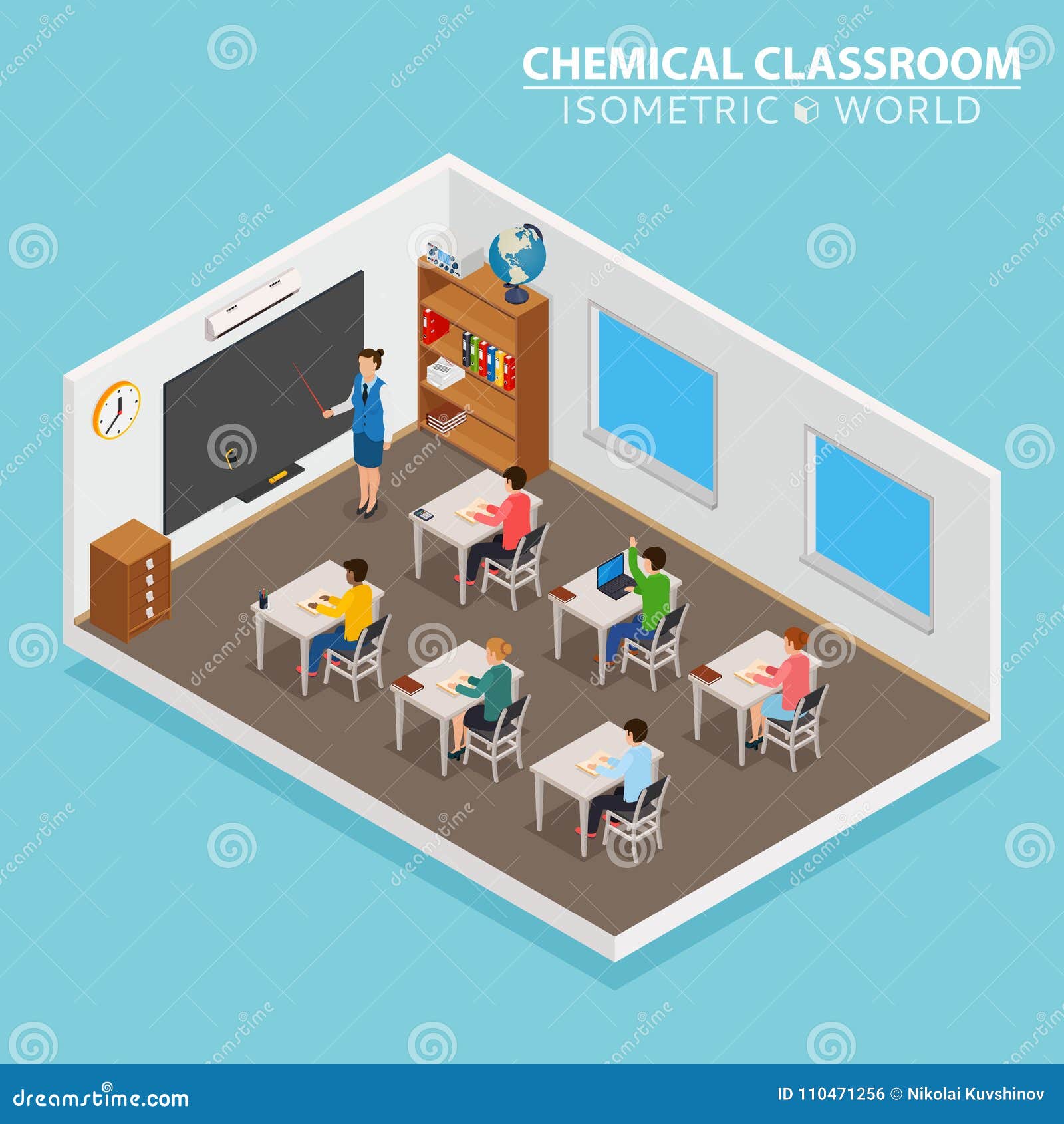 School and Learning Isometric Concept with Teacher and Children on Blue ...