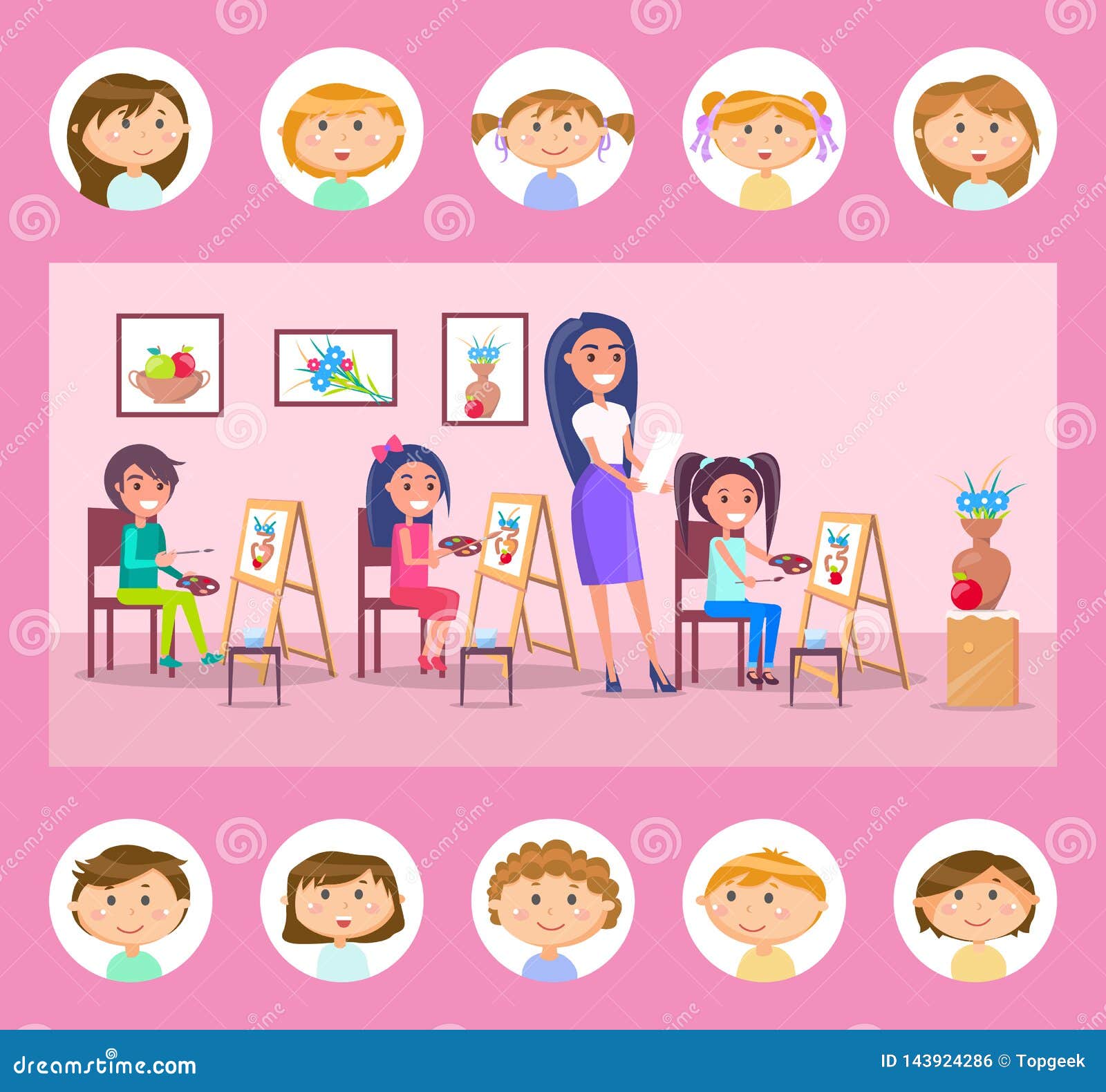 School Lesson Of Arts And Drawing Pupils At Class Vector Illustration ...