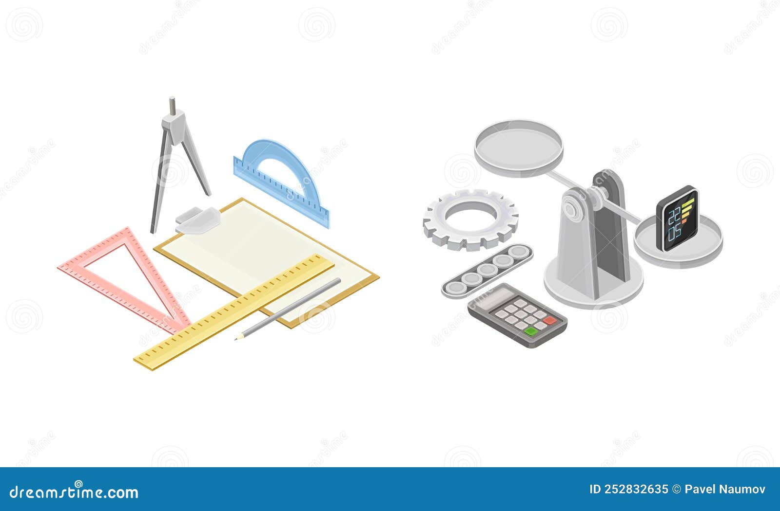 School Lesson with Supplies for Geometry and Physics Subject Isometric ...