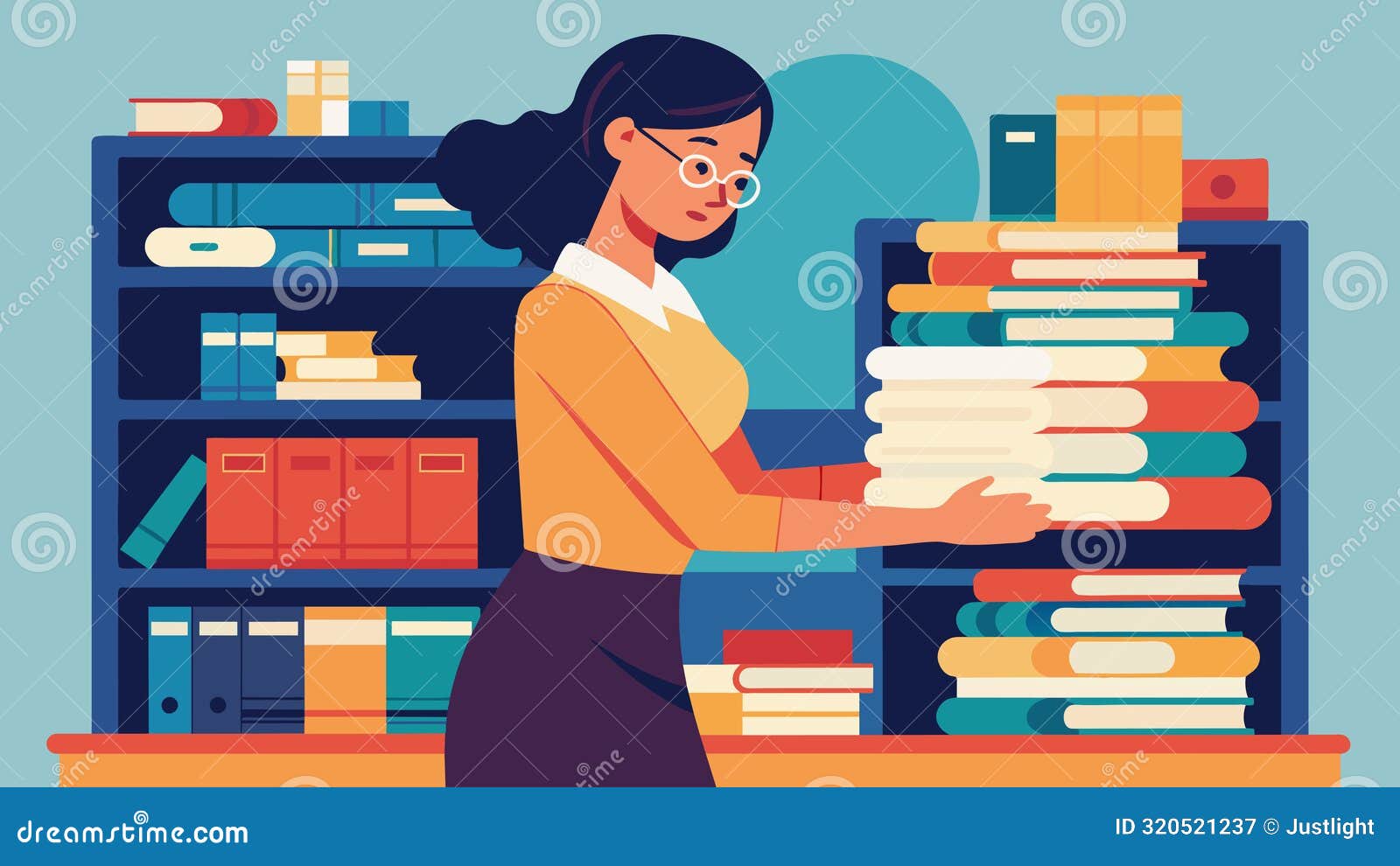 A Librarian Organizing Books In A Library That Stretches Endle Royalty ...