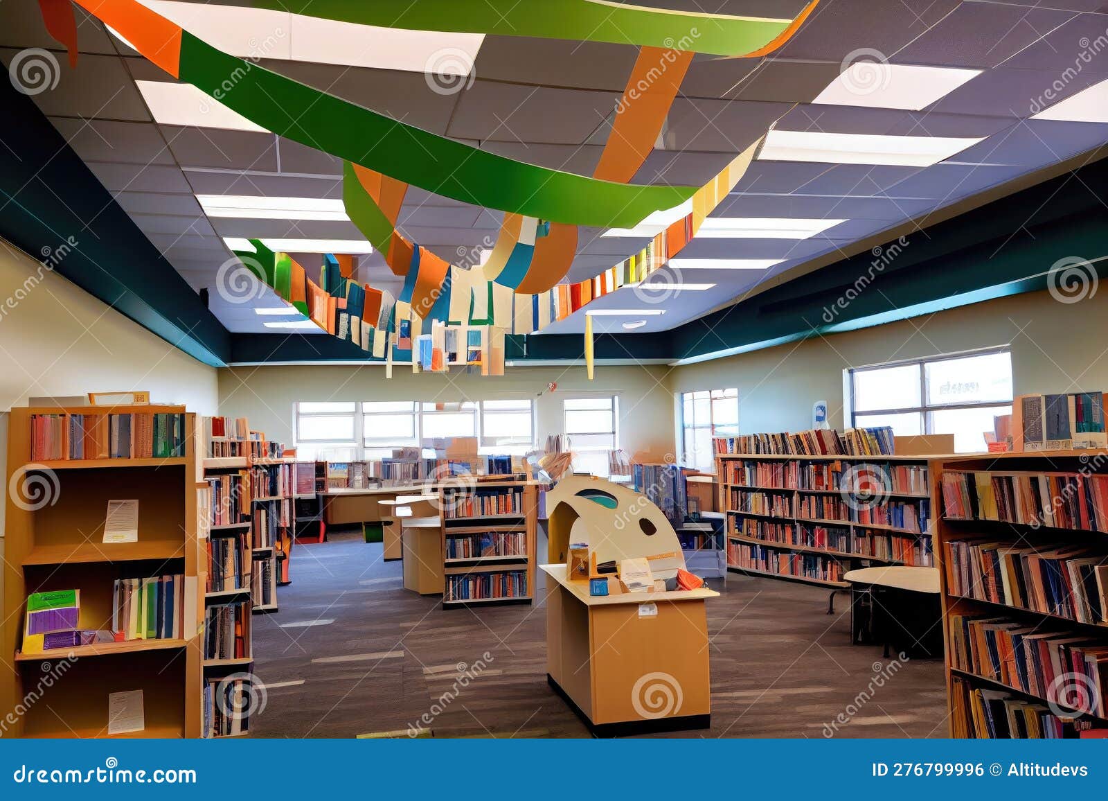 School Library, with Paper Streamers Hanging from the Ceiling and ...