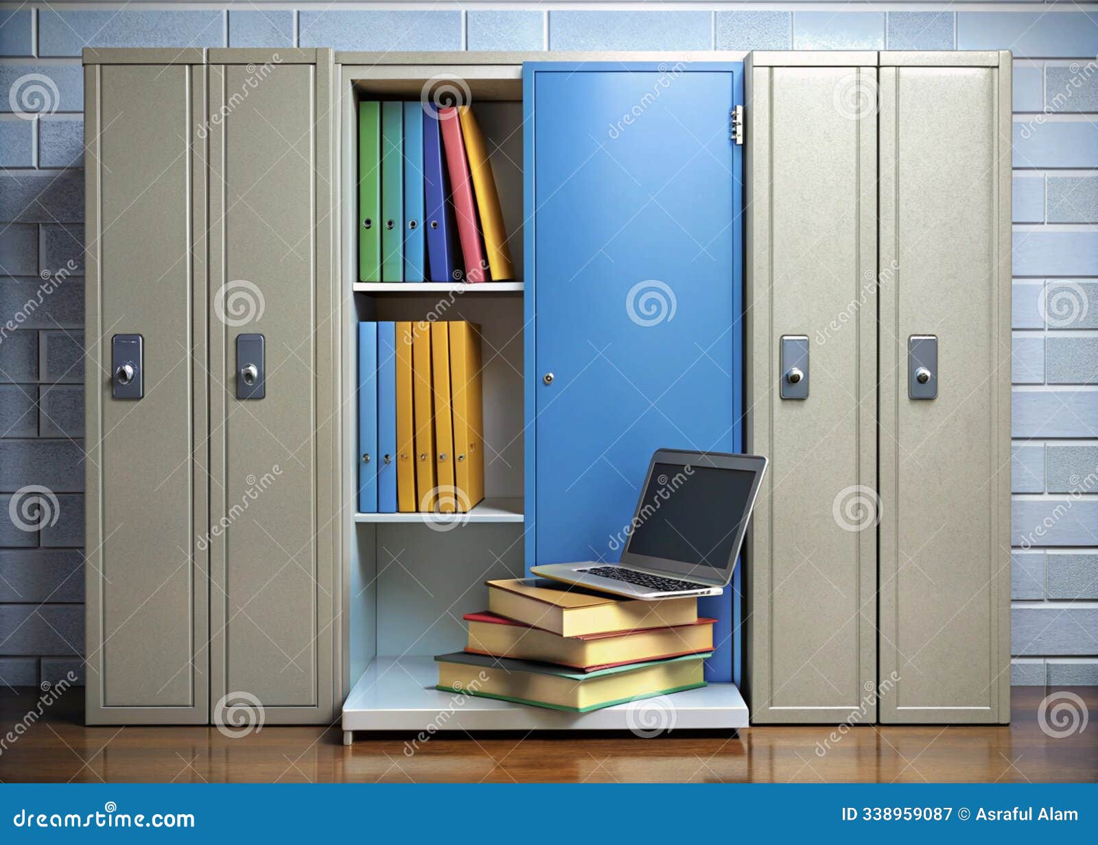 A School Locker with a Stack of Books and a Laptop Inside Stock ...