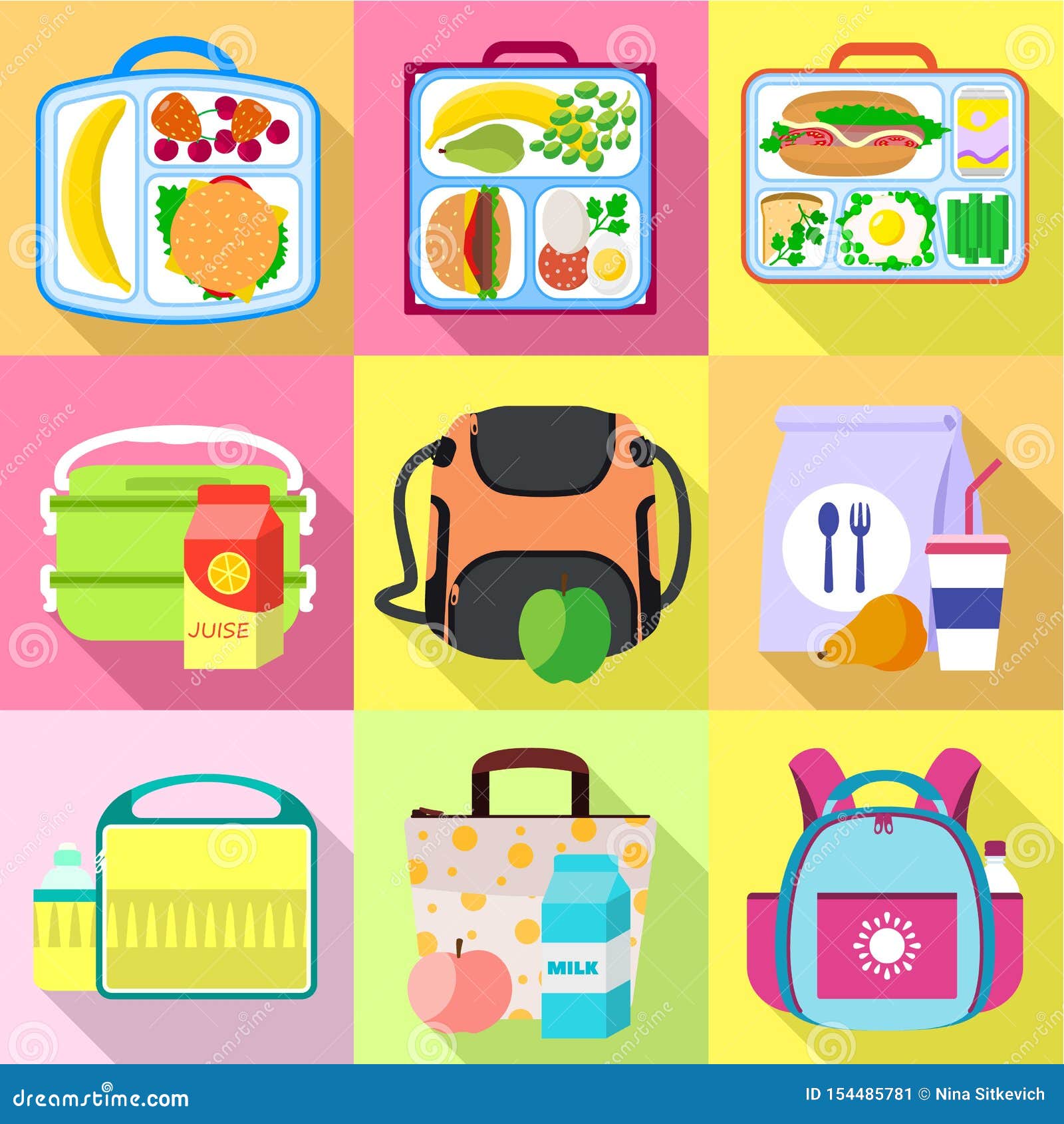 School Lunch Bag Icon Set, Flat Style Stock Vector - Illustration of ...