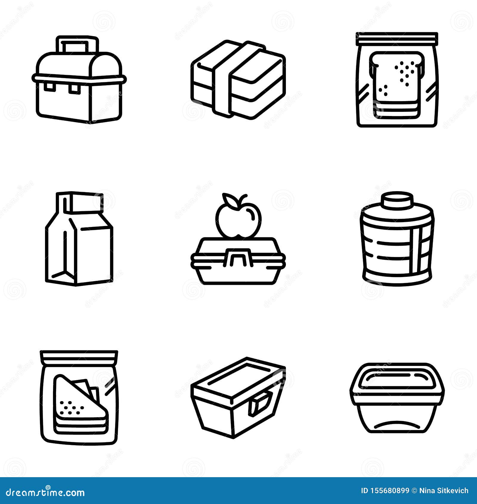 School Lunch Box Icon Set, Outline Style Stock Vector - Illustration of ...
