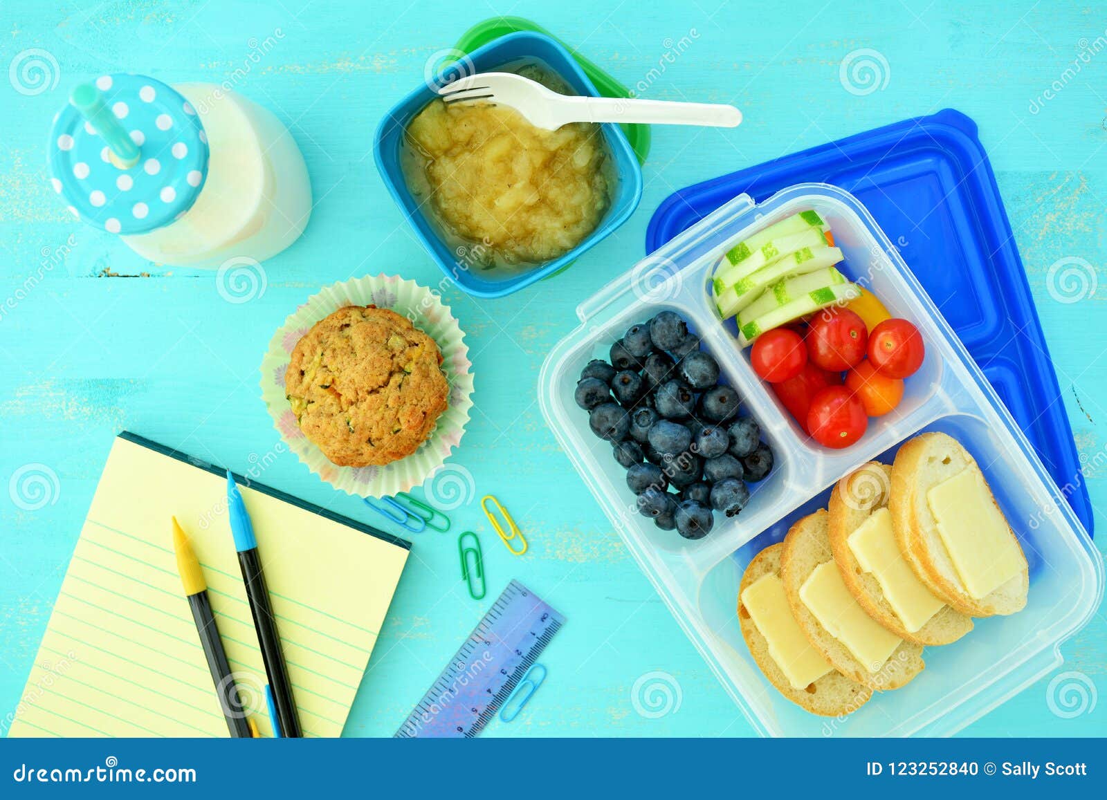 School Lunch from Overhead in Flat Lay Stock Photo - Image of healthy ...