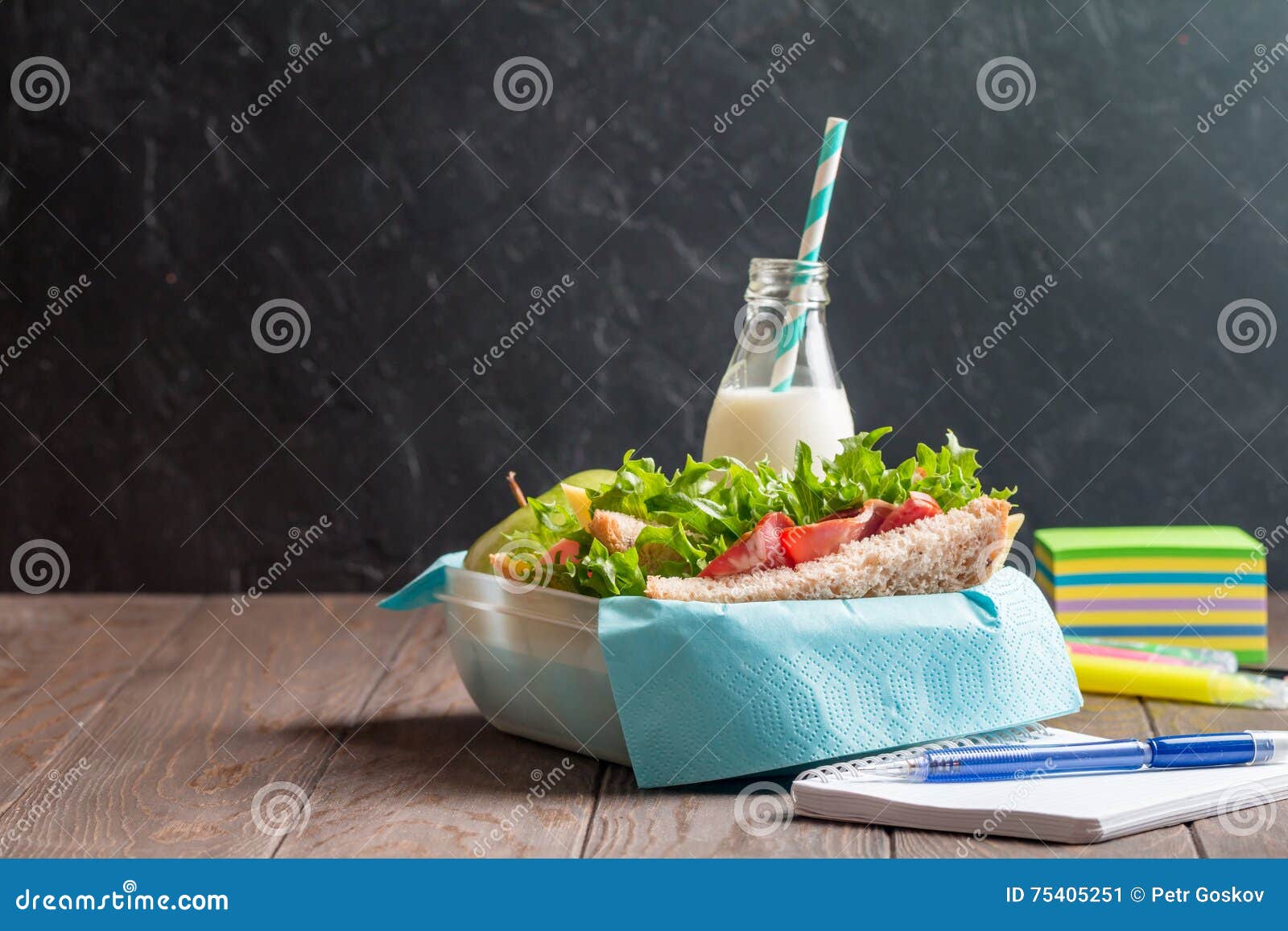 School Lunch with Sandwich, Milk and Apple Stock Image - Image of back ...