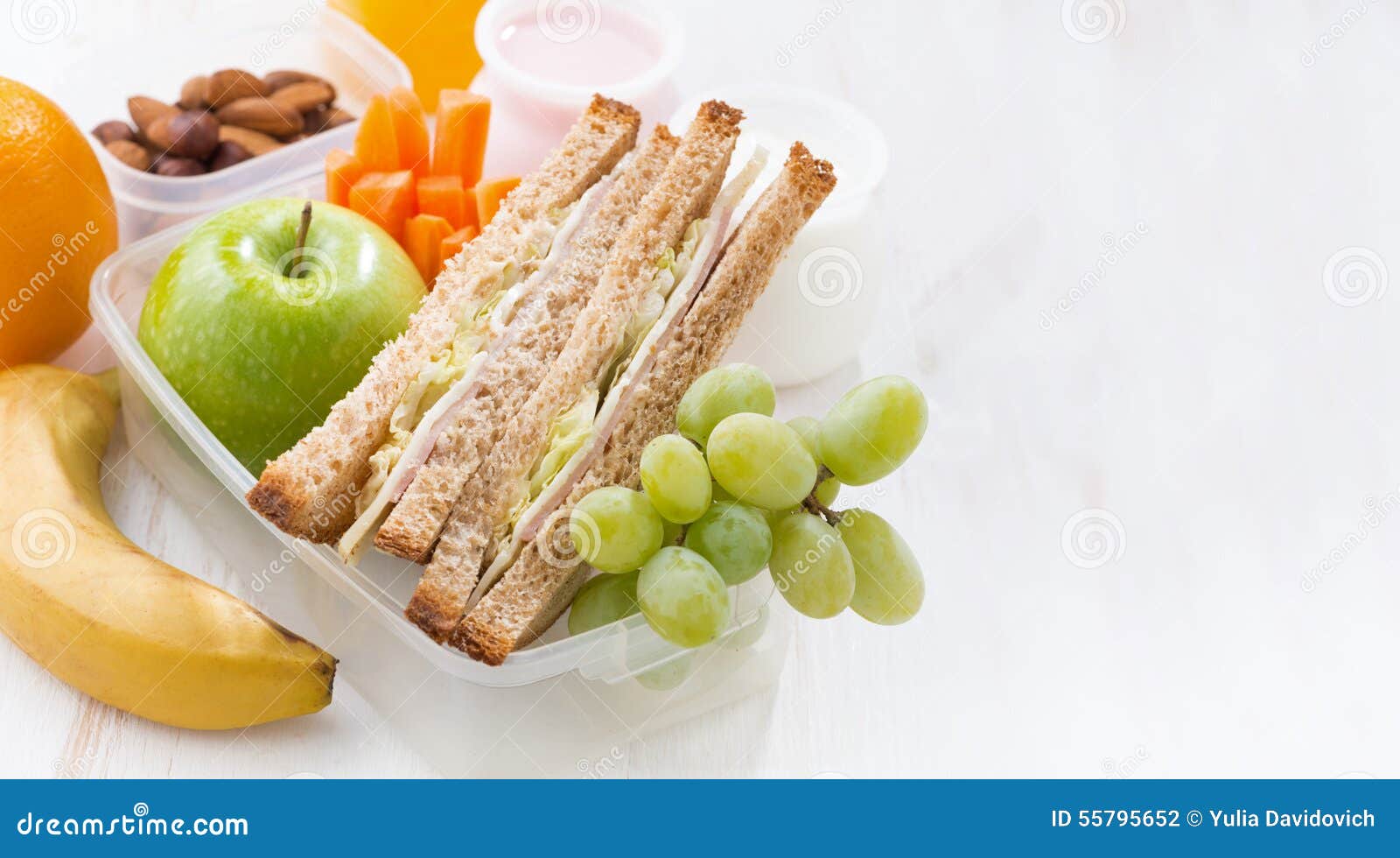 School Lunch With Sandwiches And Fruit On White Background Stock Photo ...