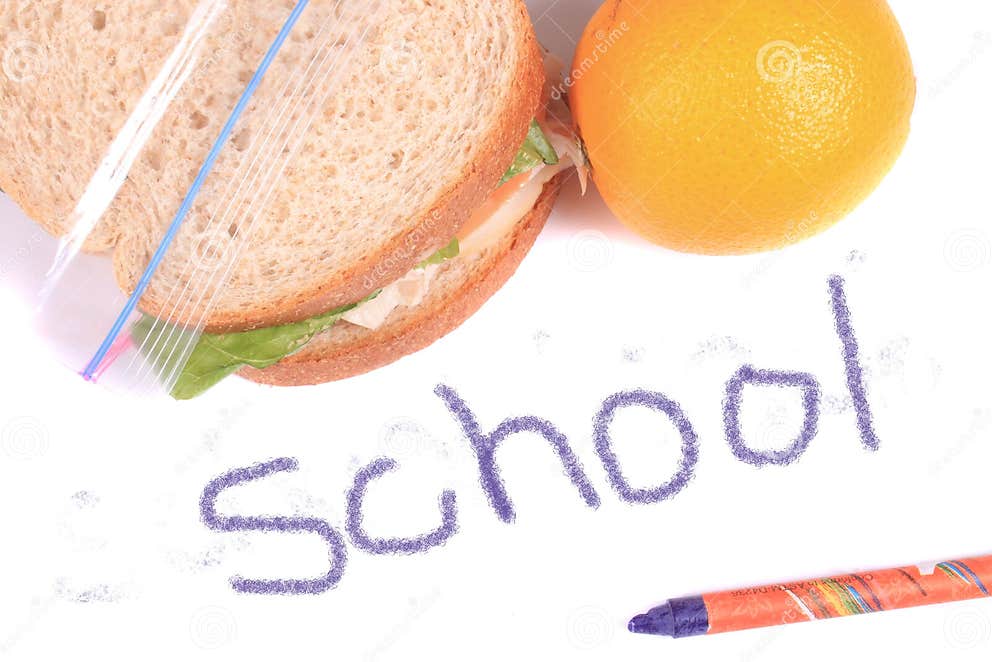 School Lunch Written in Crayon Stock Image - Image of orange, wheat ...