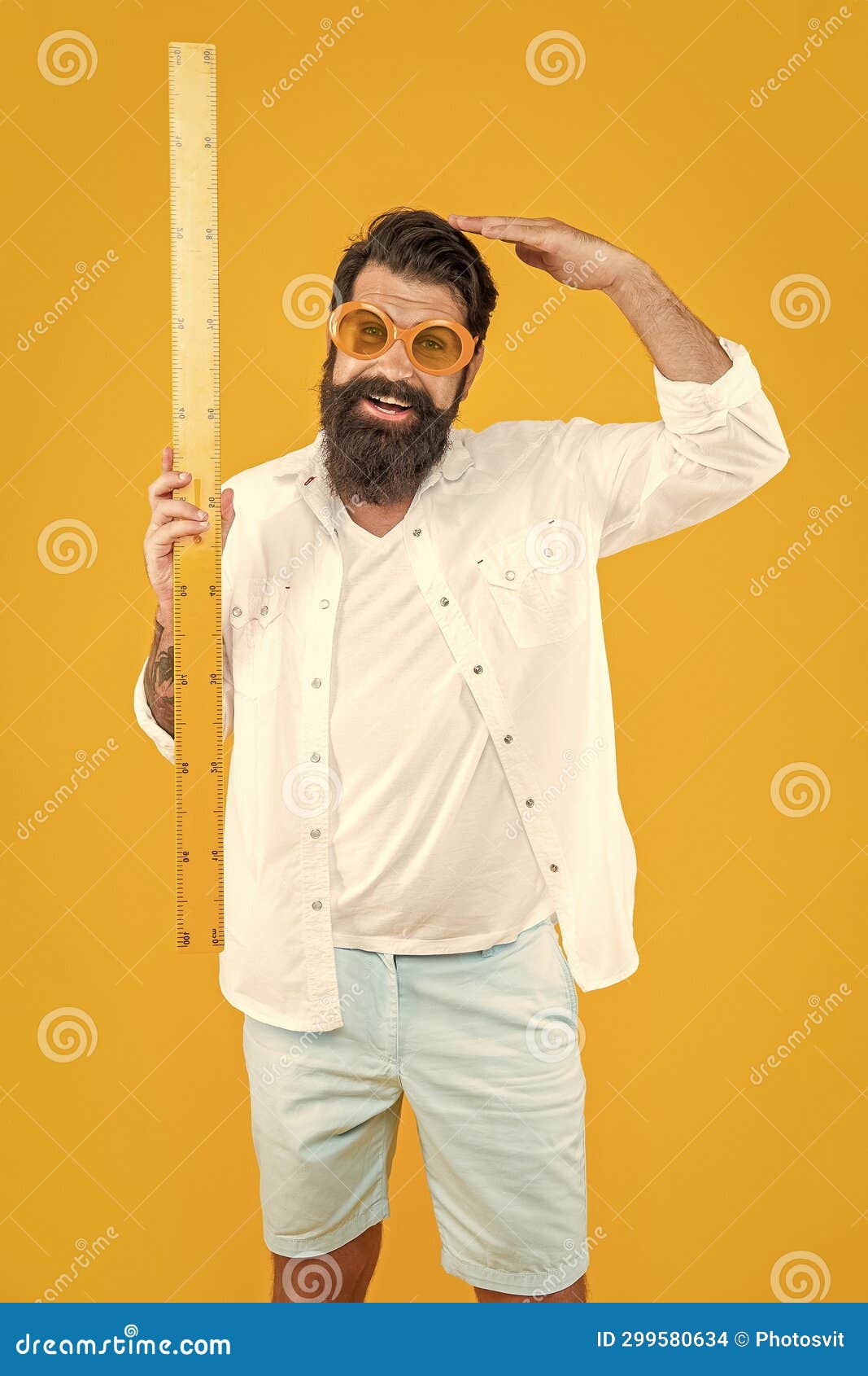 School Man Measure Height with Ruler Isolated on Yellow. School Man ...