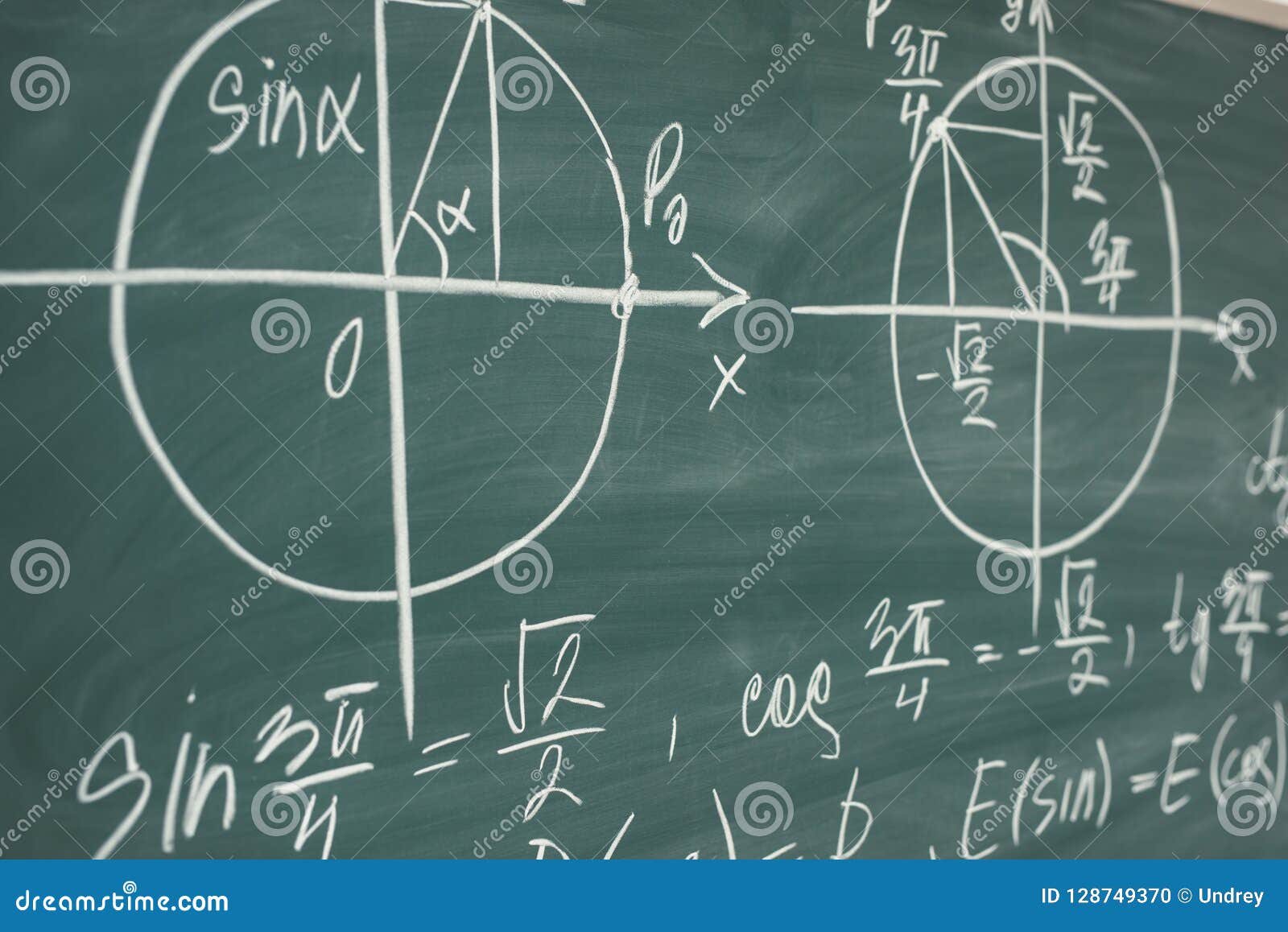 School Math Lesson. Trigonometry. Chalkboard Function Graphs. Stock ...
