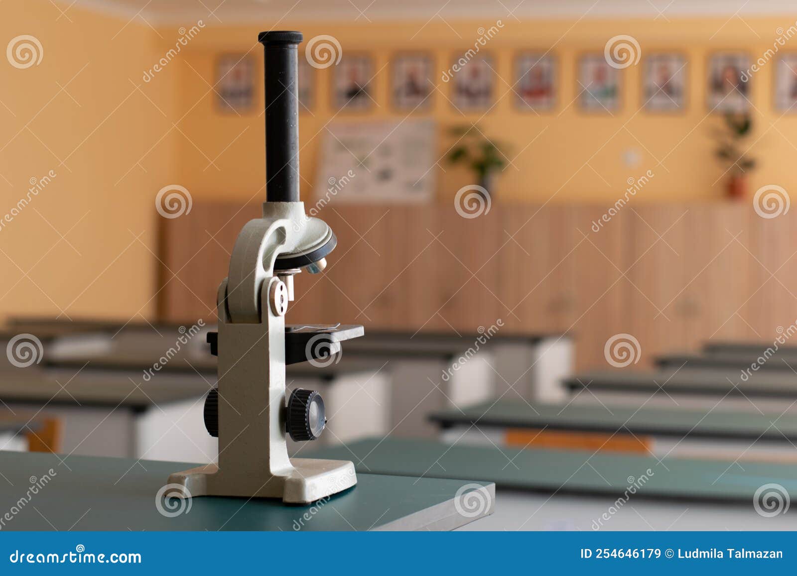 School Microscope in Chemistry on the Table in the Laboratory at School ...