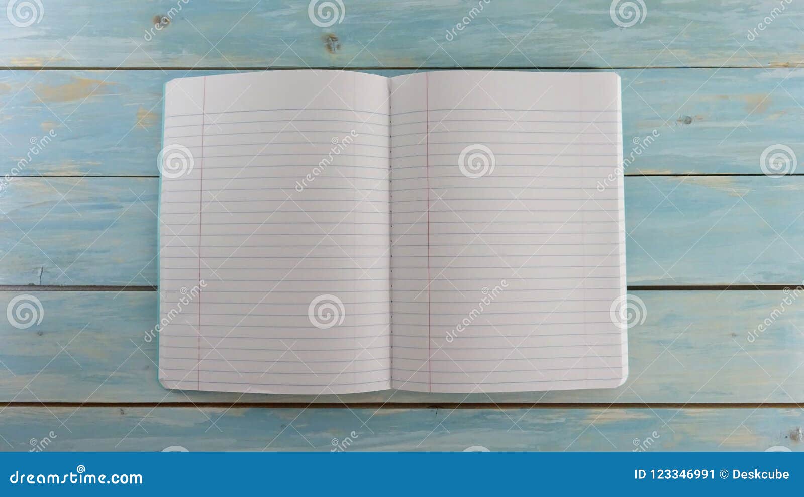 School Notebook on Blue Wood Board Background - Education Banner Stock ...