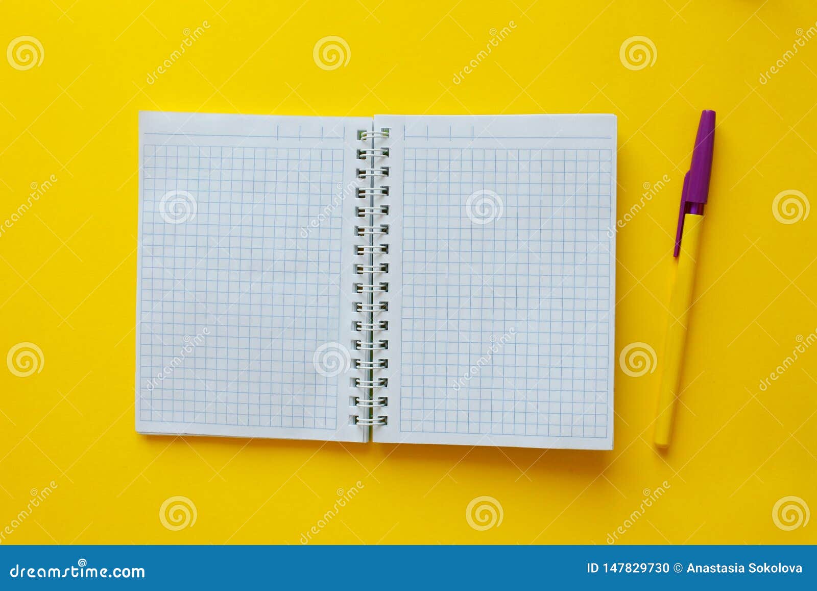 School Notebook with Pencil on Yellow Background. Blank Notebook Page ...
