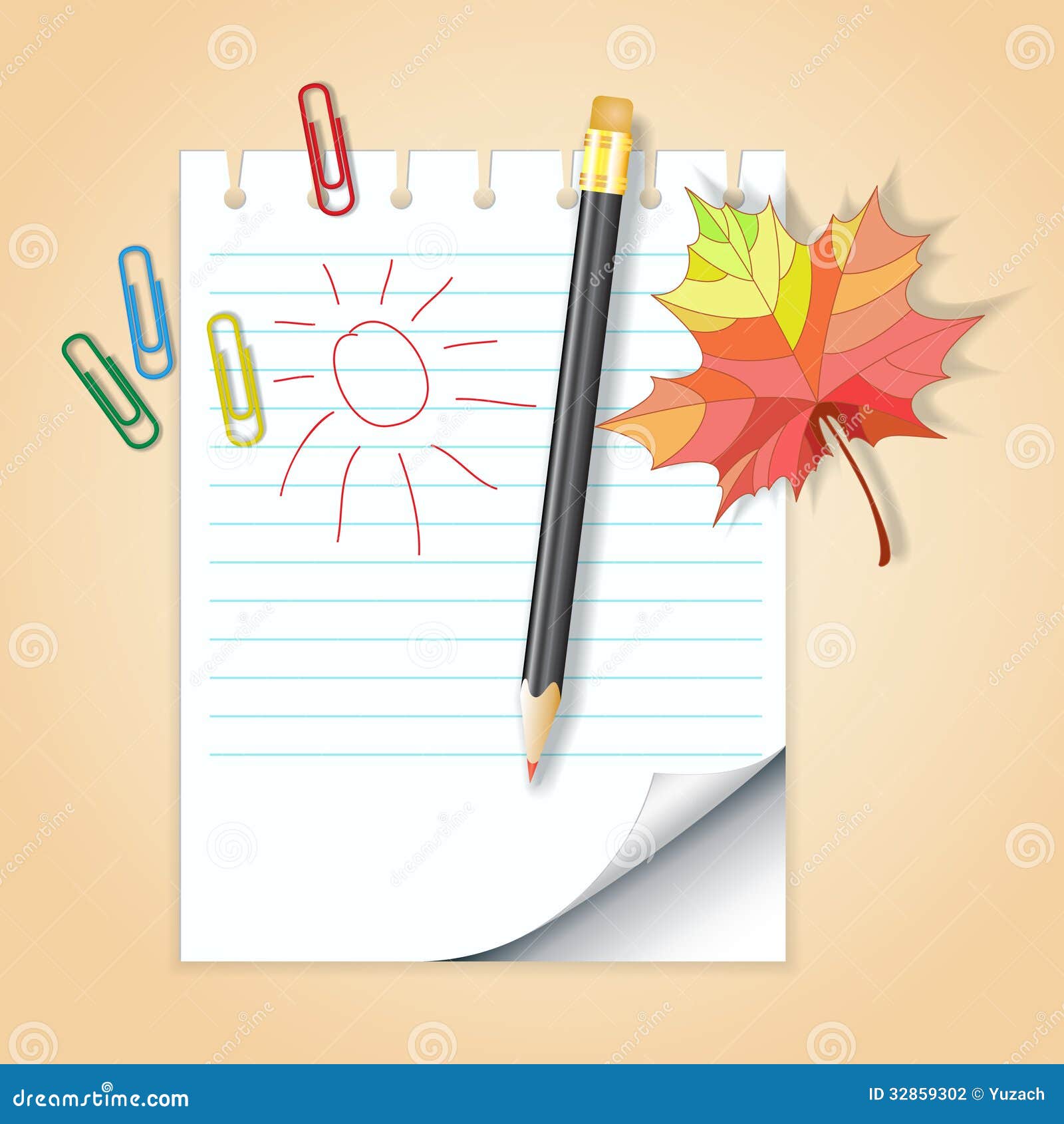 School Notepad with Pencil and Autumn Leaf Stock Vector - Illustration ...