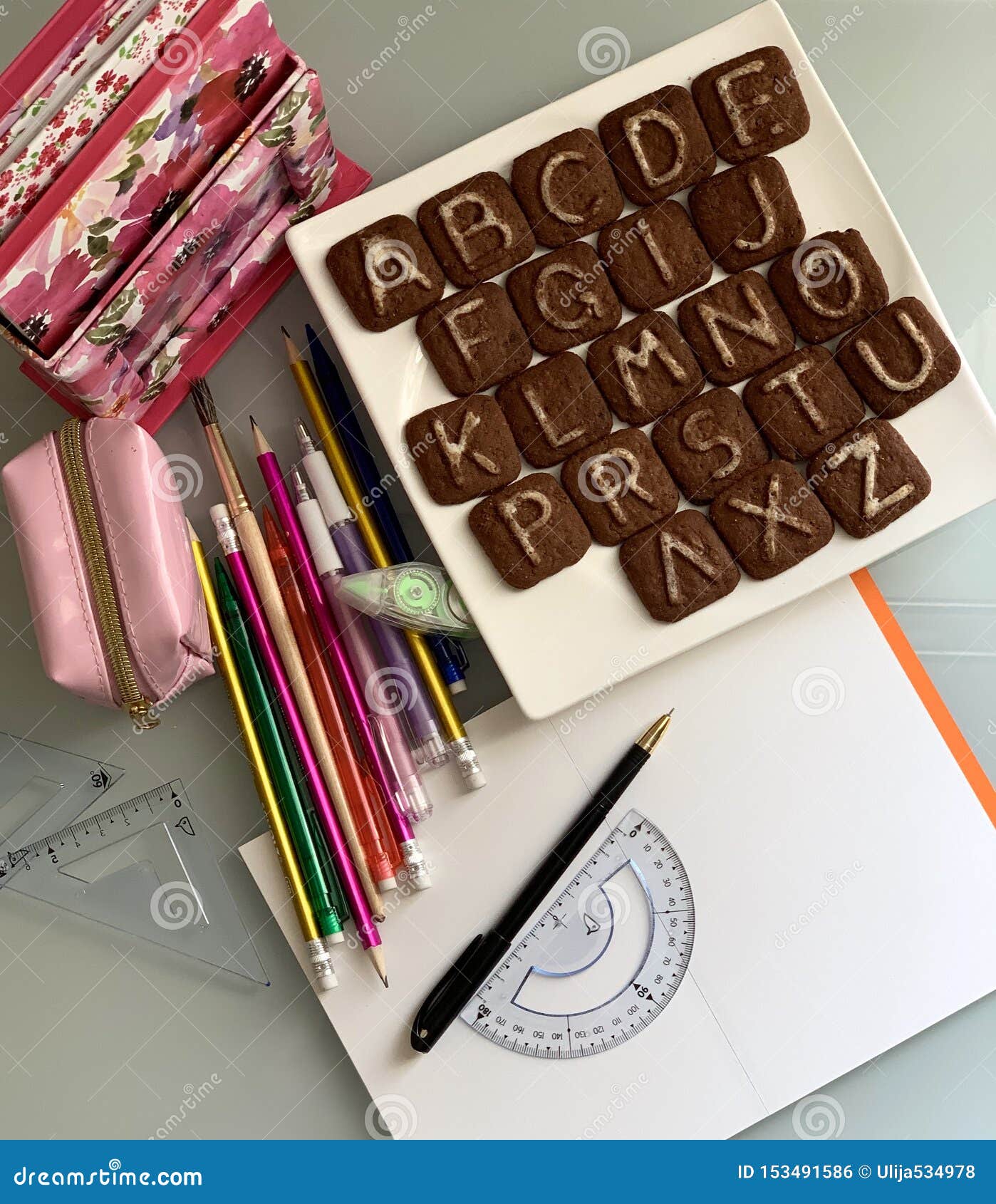 School Objects, Pens, Notebook, Pencil Case. Stock Photo - Image of ...
