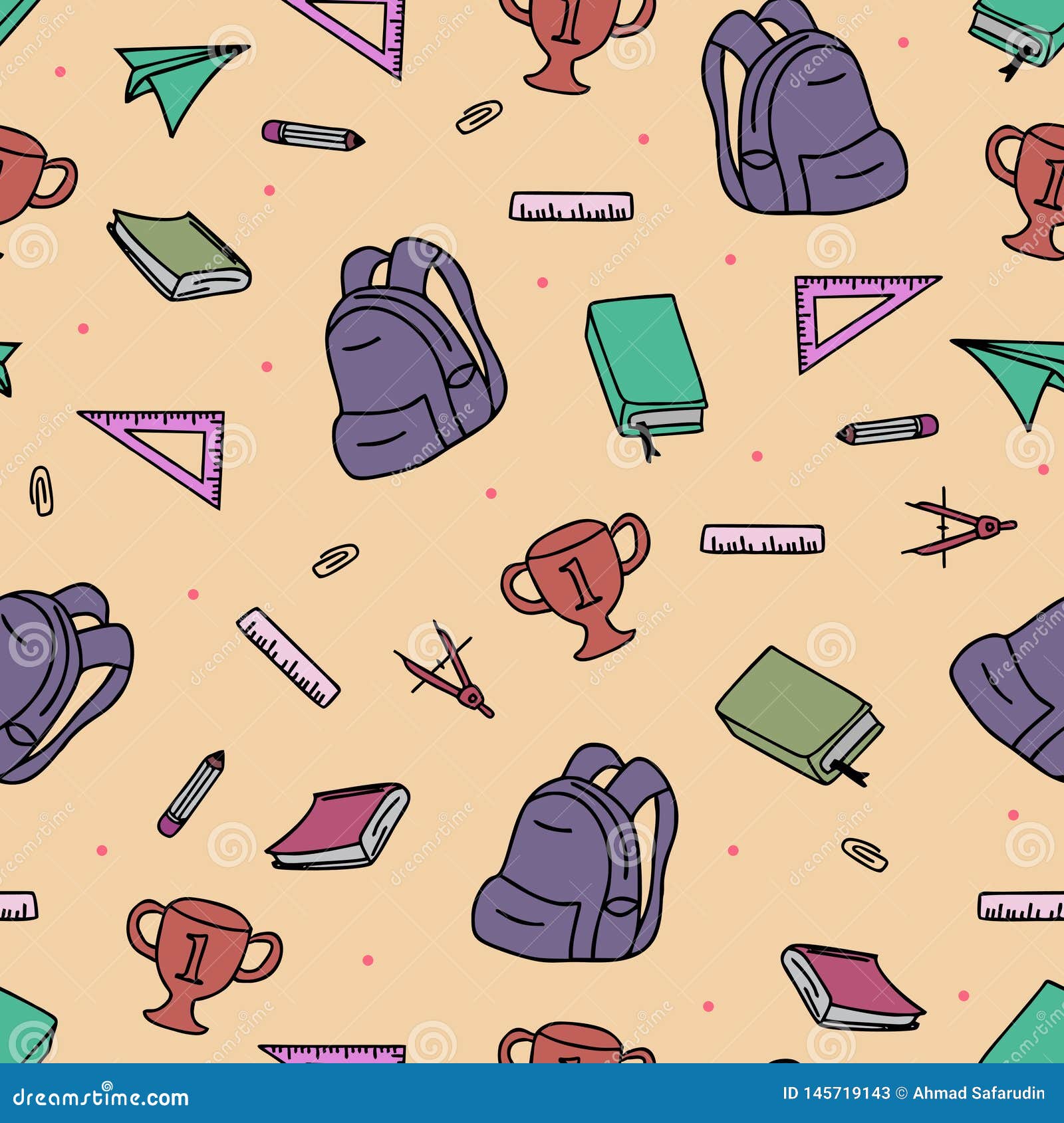 School Objects Seamless Pattern Hand Drawn Colorful Trendy Background ...