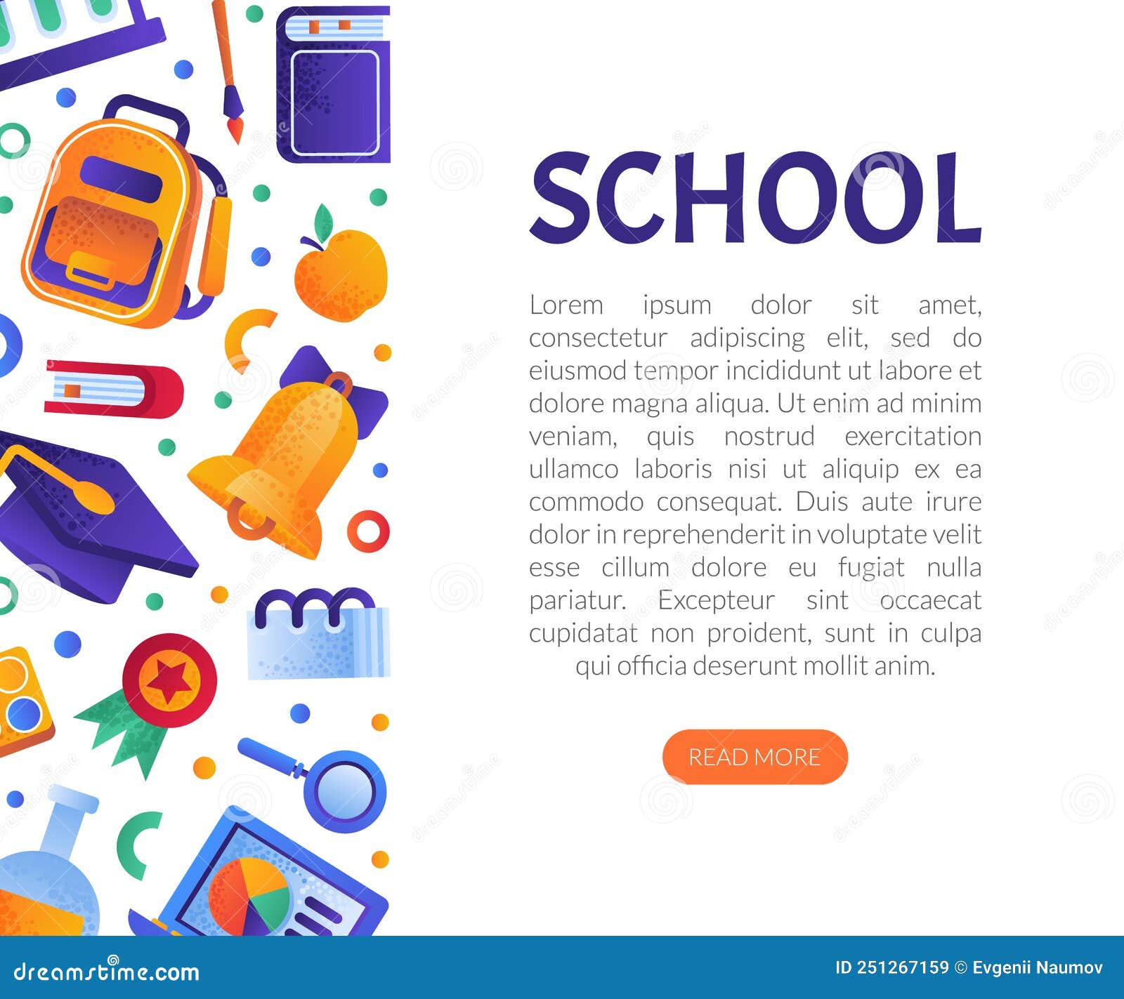 School Objects and Supplies Design with Backpack, Flask and Bell Vector ...
