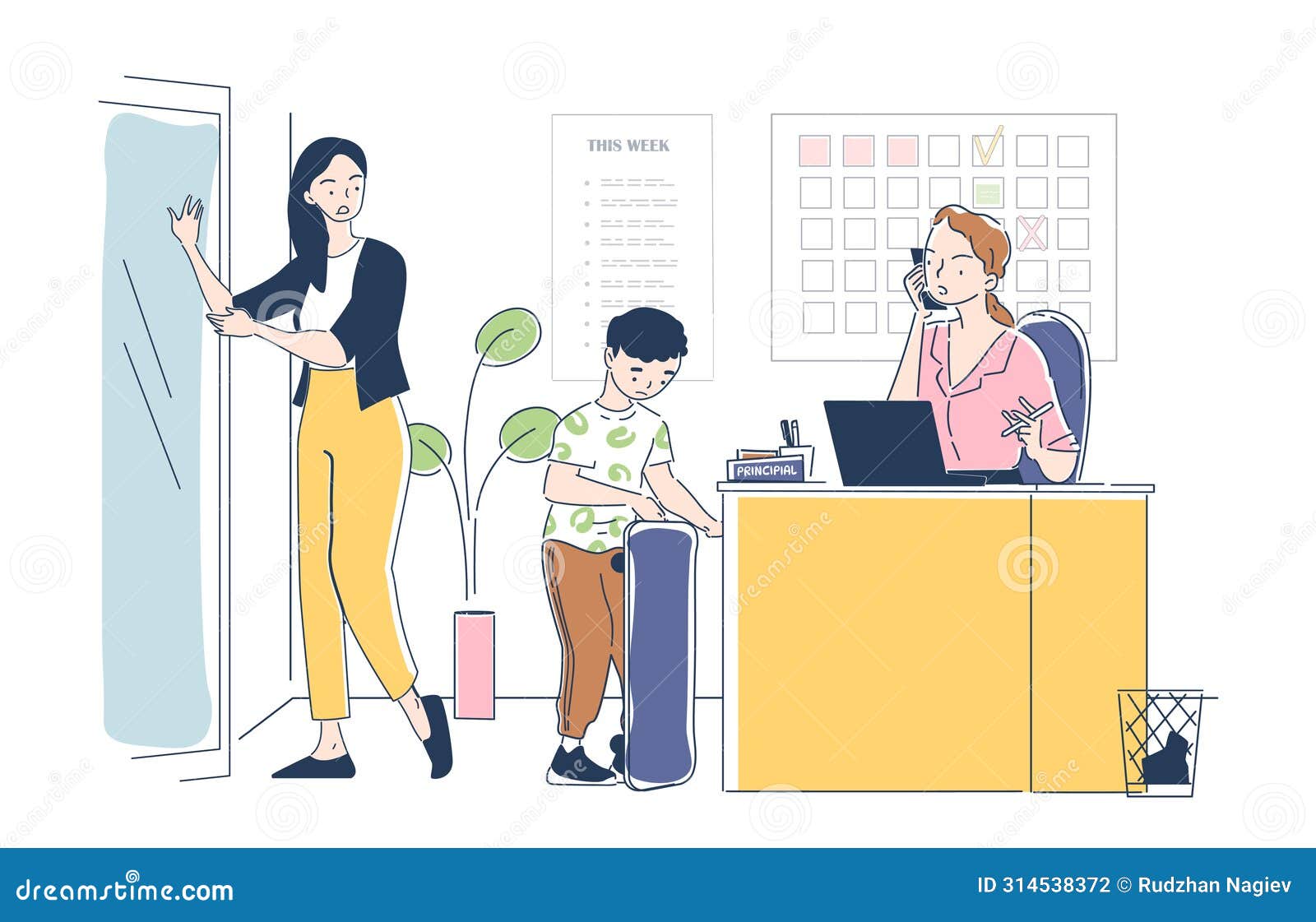 School Office with a Female Principal on the Phone and a Boy with a ...