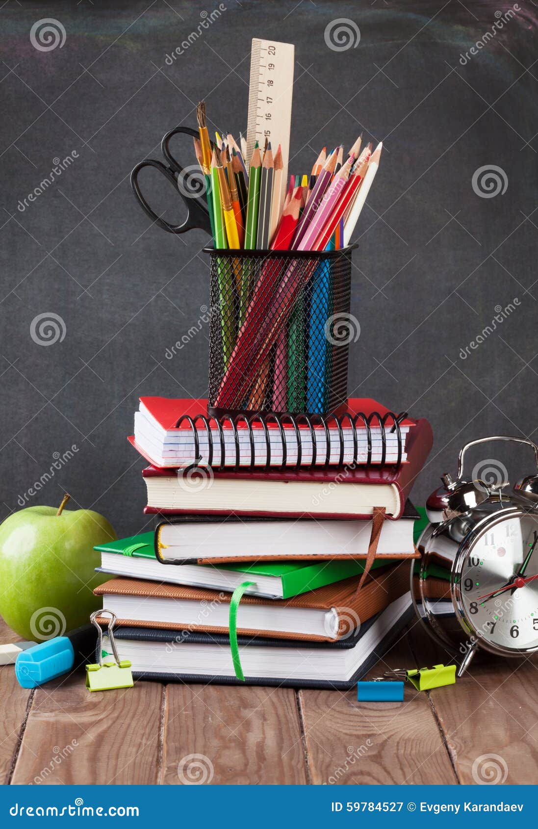 School and Office Supplies on Classroom Table Stock Image - Image of ...