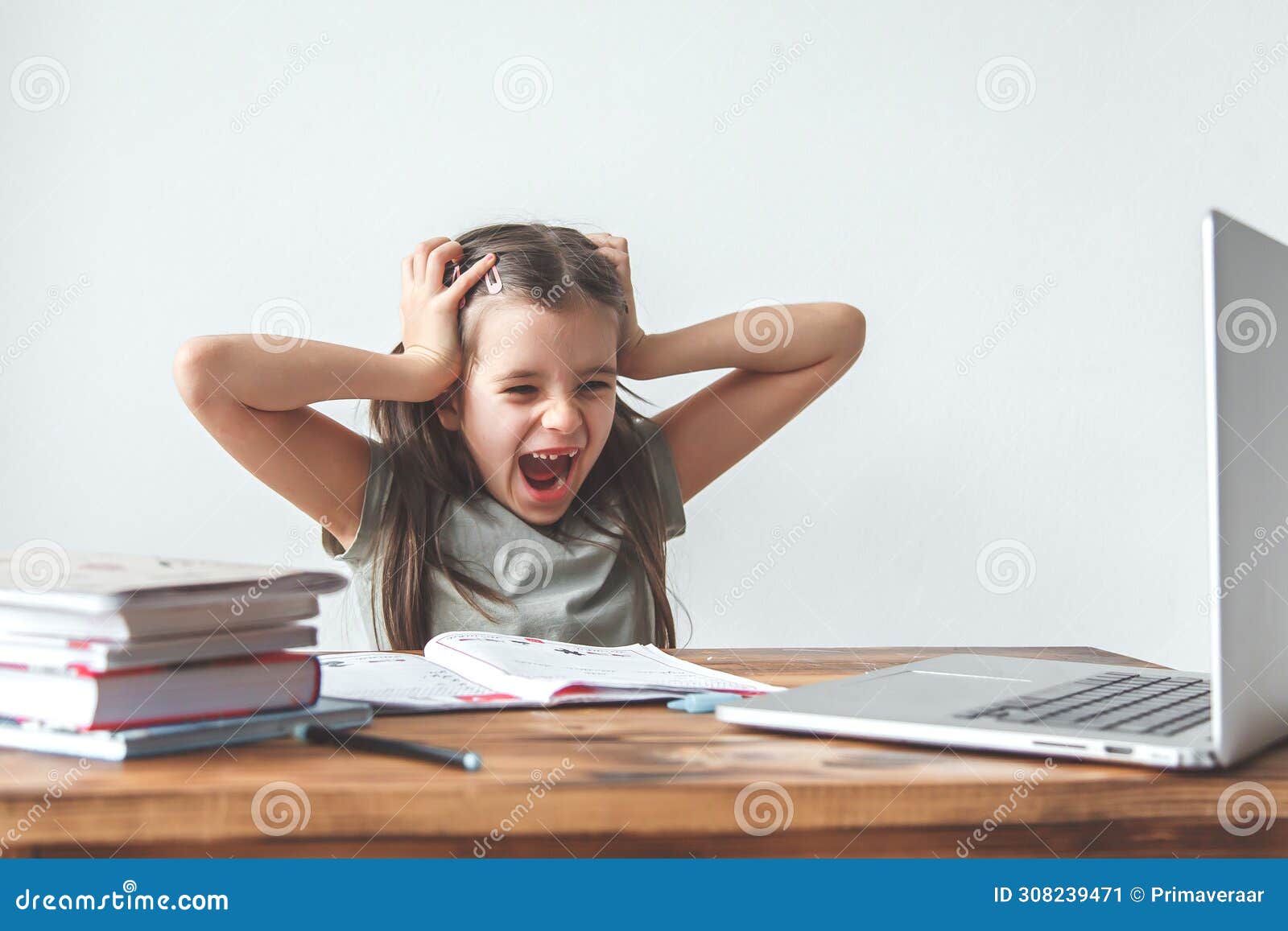 School Overload. Elementary Student Girl Sitting at Laptop Stock Image ...