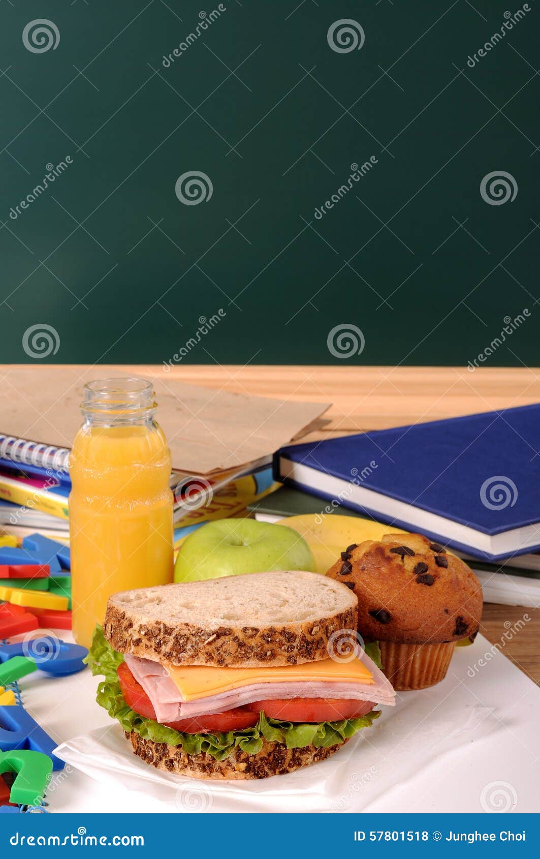 School Packed Lunch on Classroom Desk with Blackboard, Copy Space ...