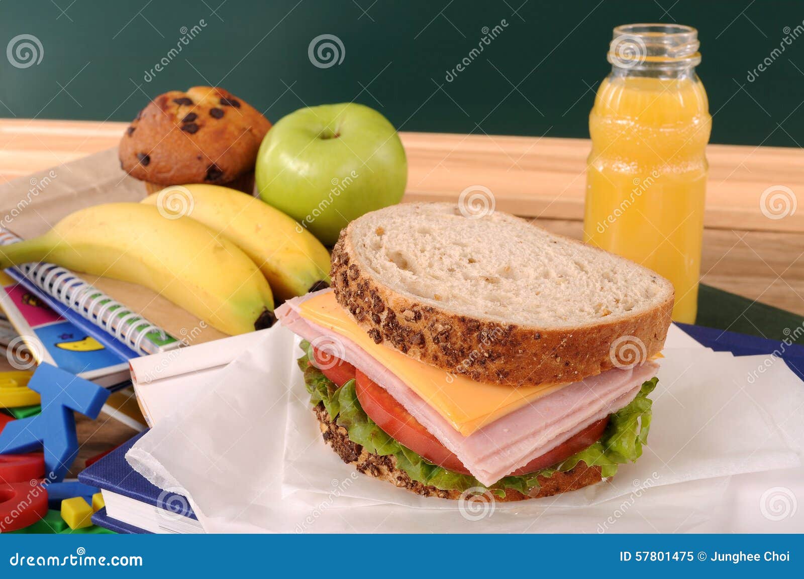 School Packed Lunch Ham and Cheese Sandwich on Classroom Table or Desk ...