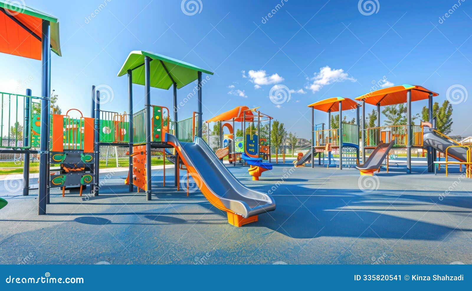 A School Playground with Clean and Brightly Colored Play Structures ...