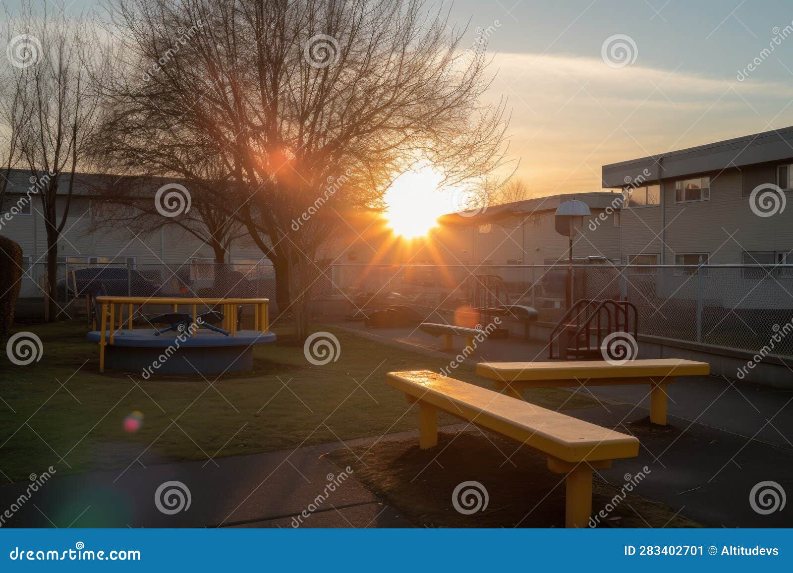 School Playground with View of the Sun Setting Behind the School ...