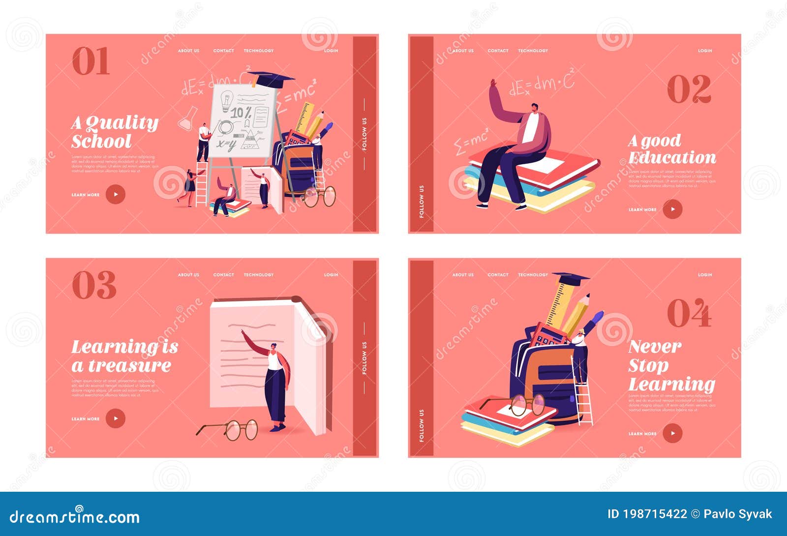 School Presentation Landing Page Template Set. Tiny Students Characters ...