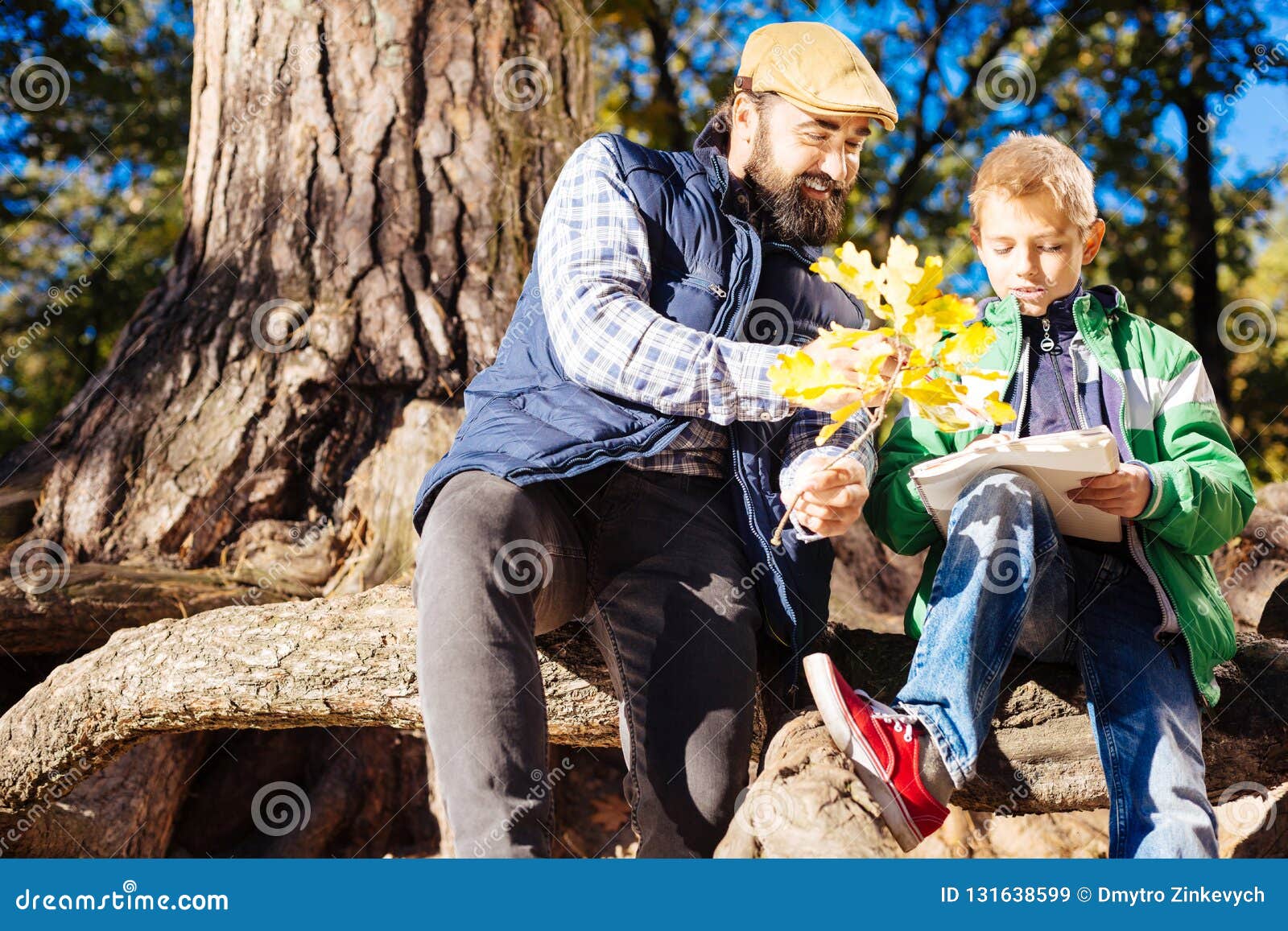 Pleasant Nice Father and Son Being in the Forest Stock Image - Image of ...