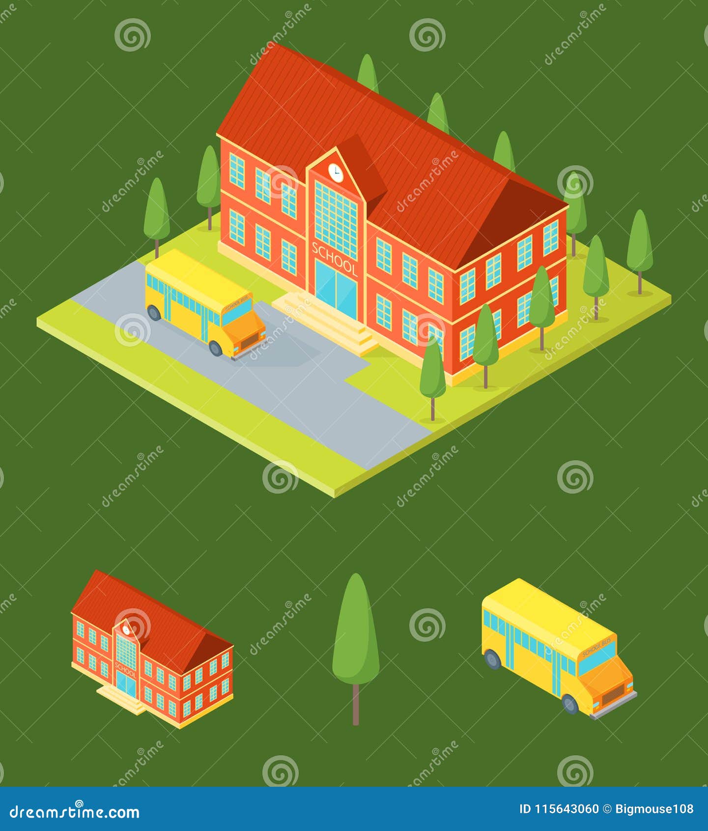School Building and Elements Part Isometric View. Vector Stock Vector ...