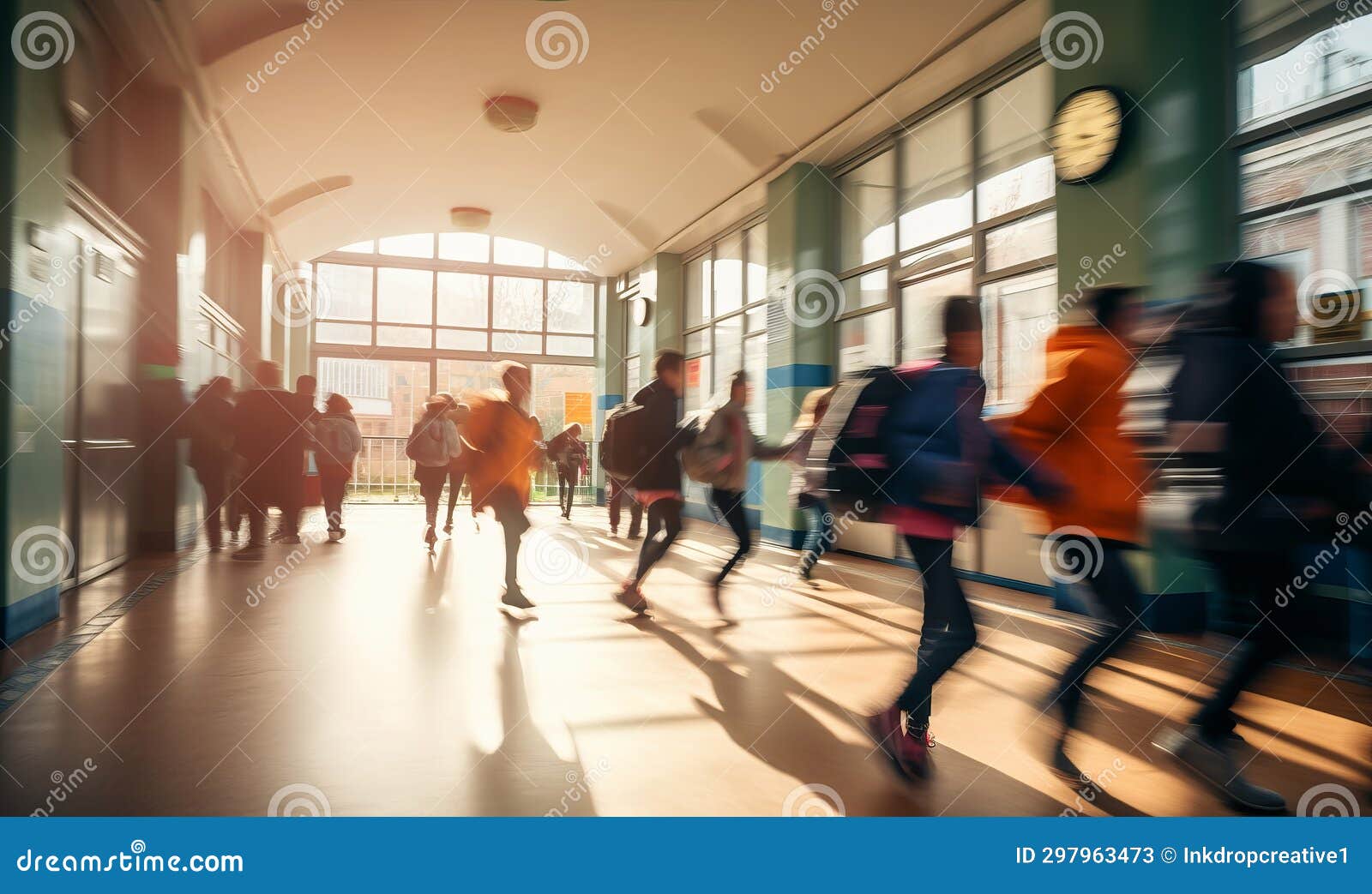 School Pupils Rushing through the Corridors of a Modern School, Motion ...